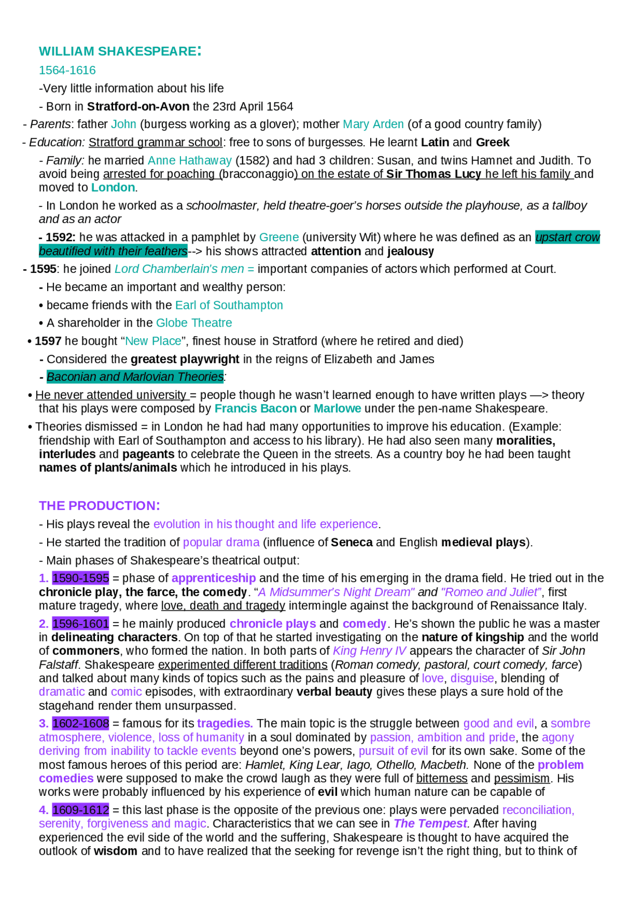 Shakespeare and his production - Docsity