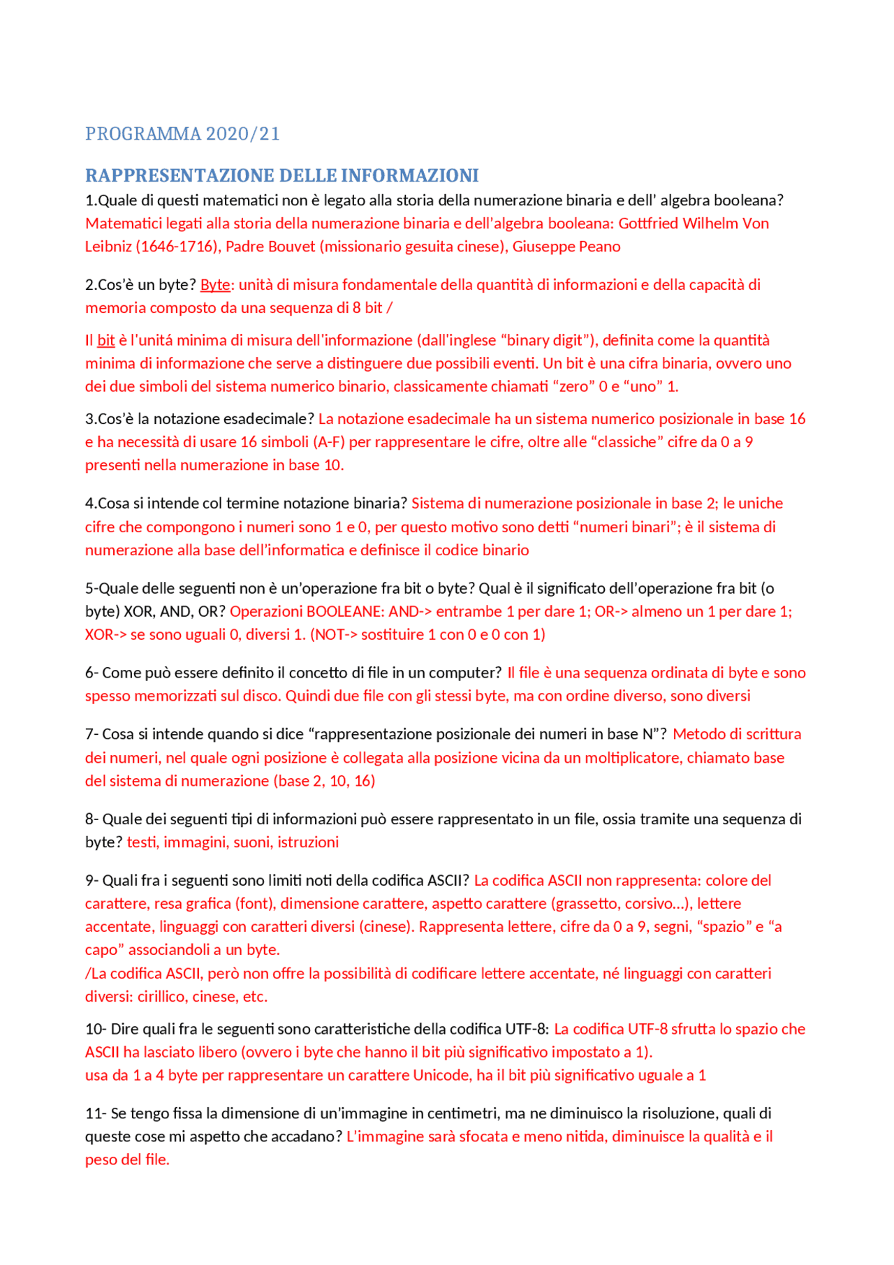 Domande esame INFORMATICA ANNO 2020/21 - Docsity