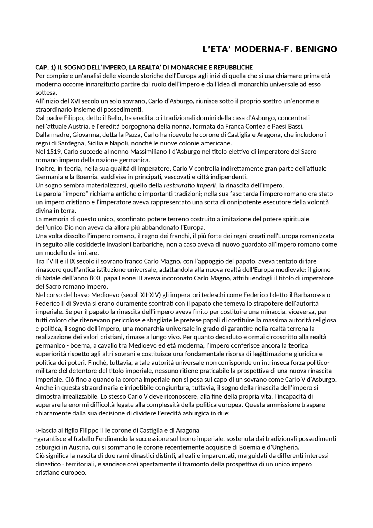 Riassunto Libro Fbenigno Docsity