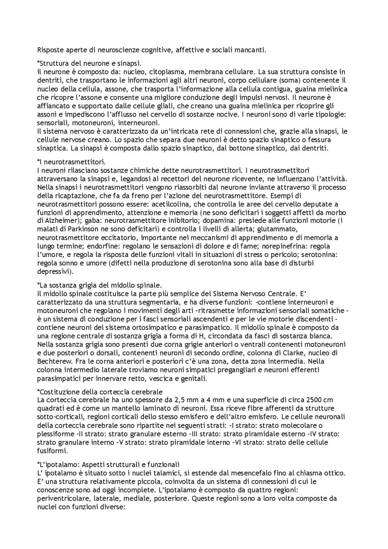 Domande Aperte Neuroscienze Docsity