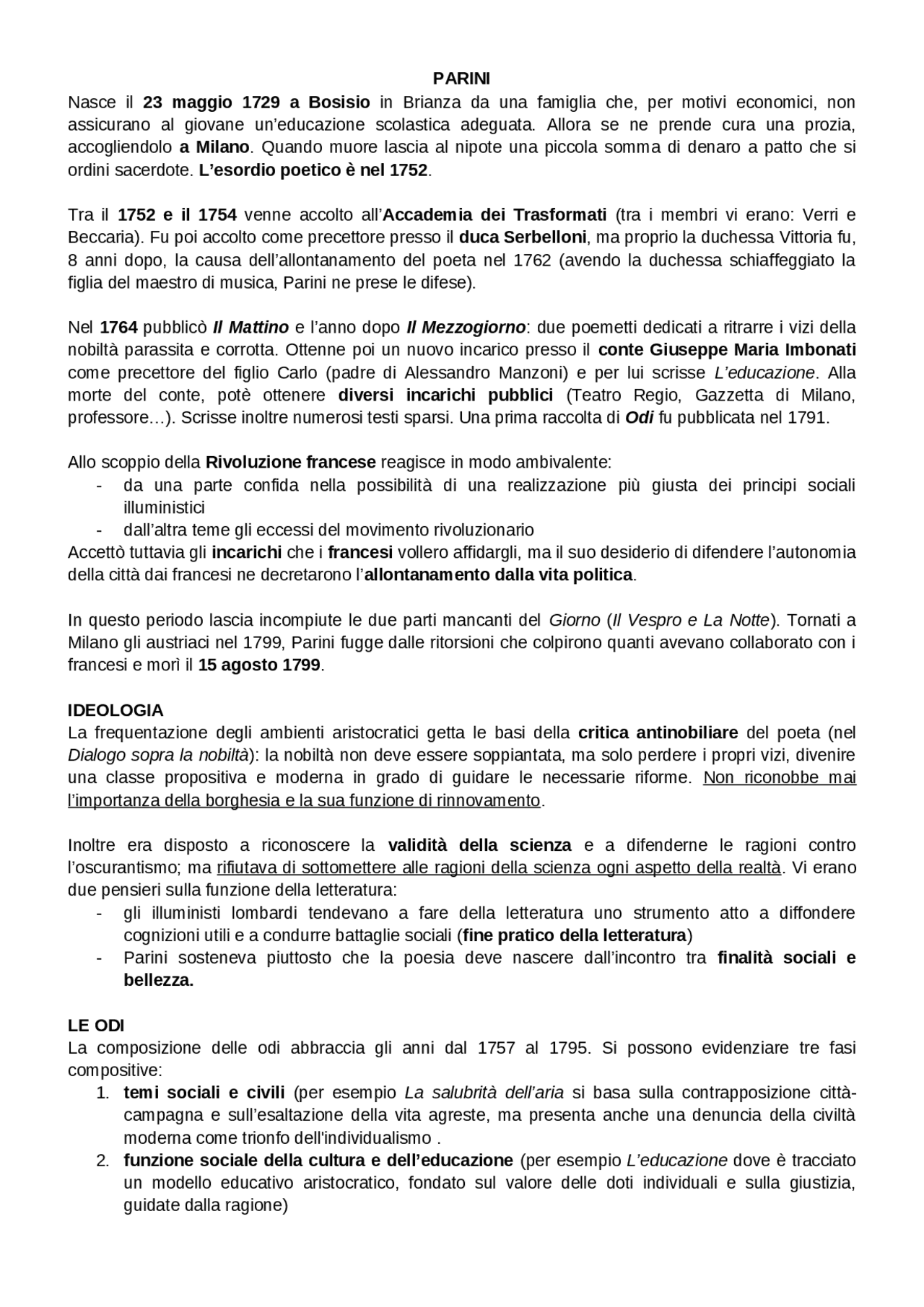 Caratteristiche Parini E Goldoni Docsity