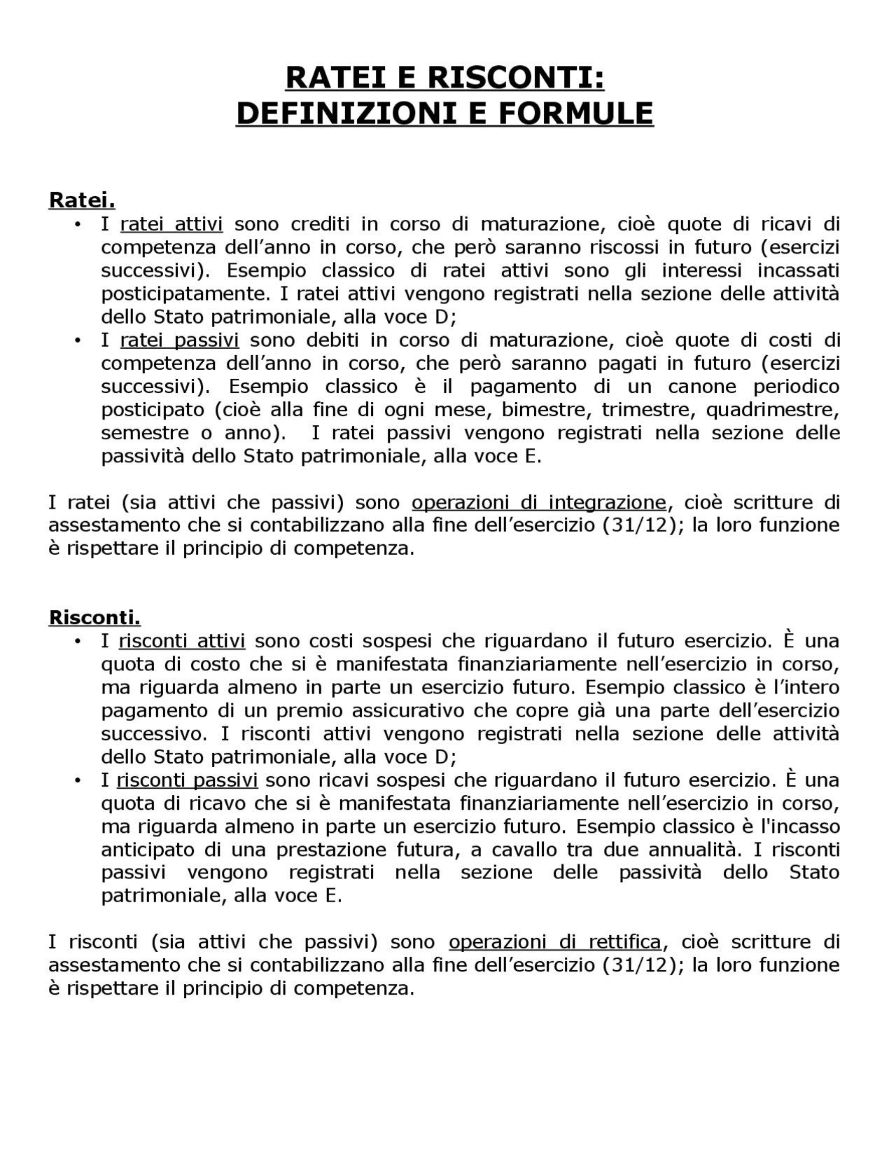 RATEI E RISCONTI: DEFINIZIONI E FORMULE - Docsity