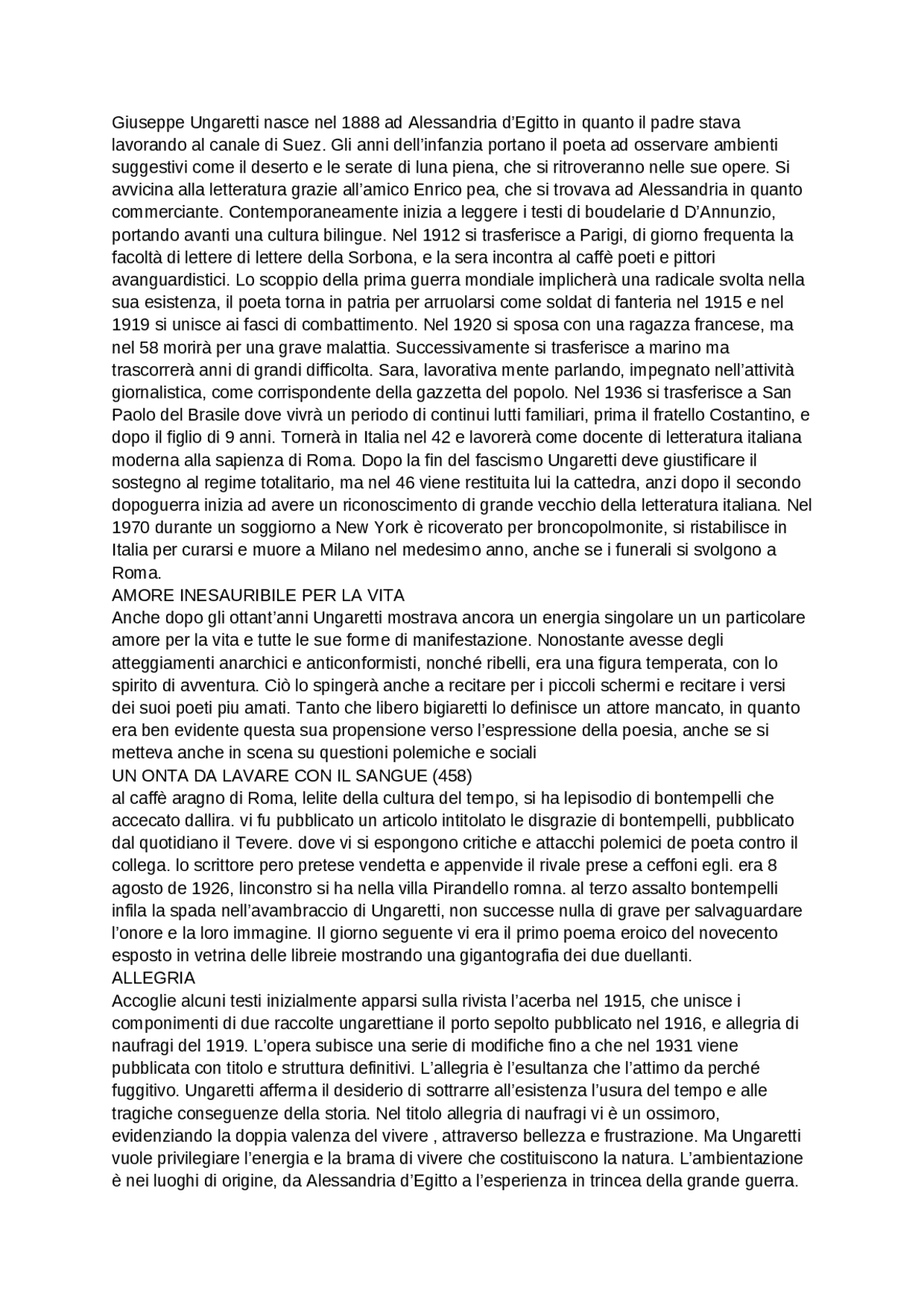 Giuseppe Ungaretti Riassunti Docsity
