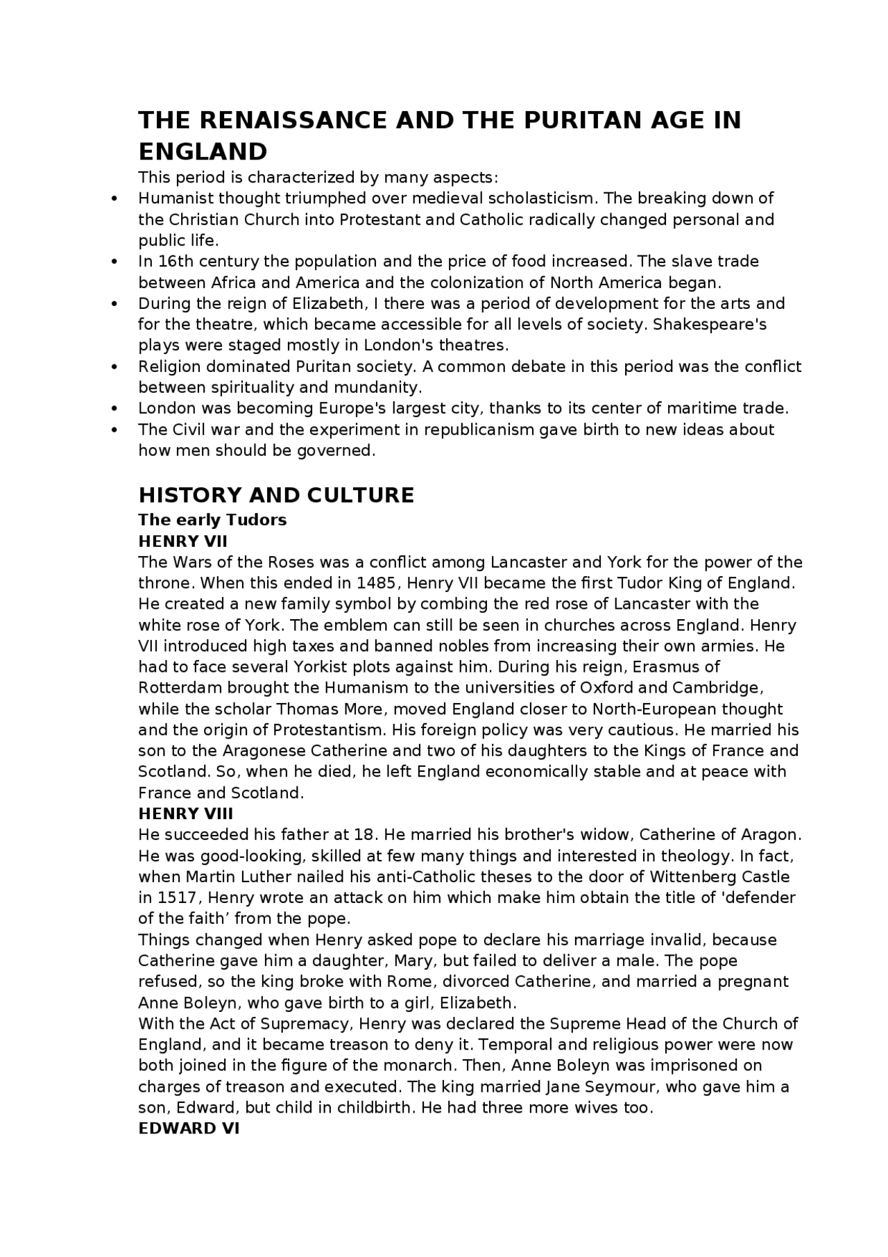 The Renaissance and The Puritan Age in England - Docsity