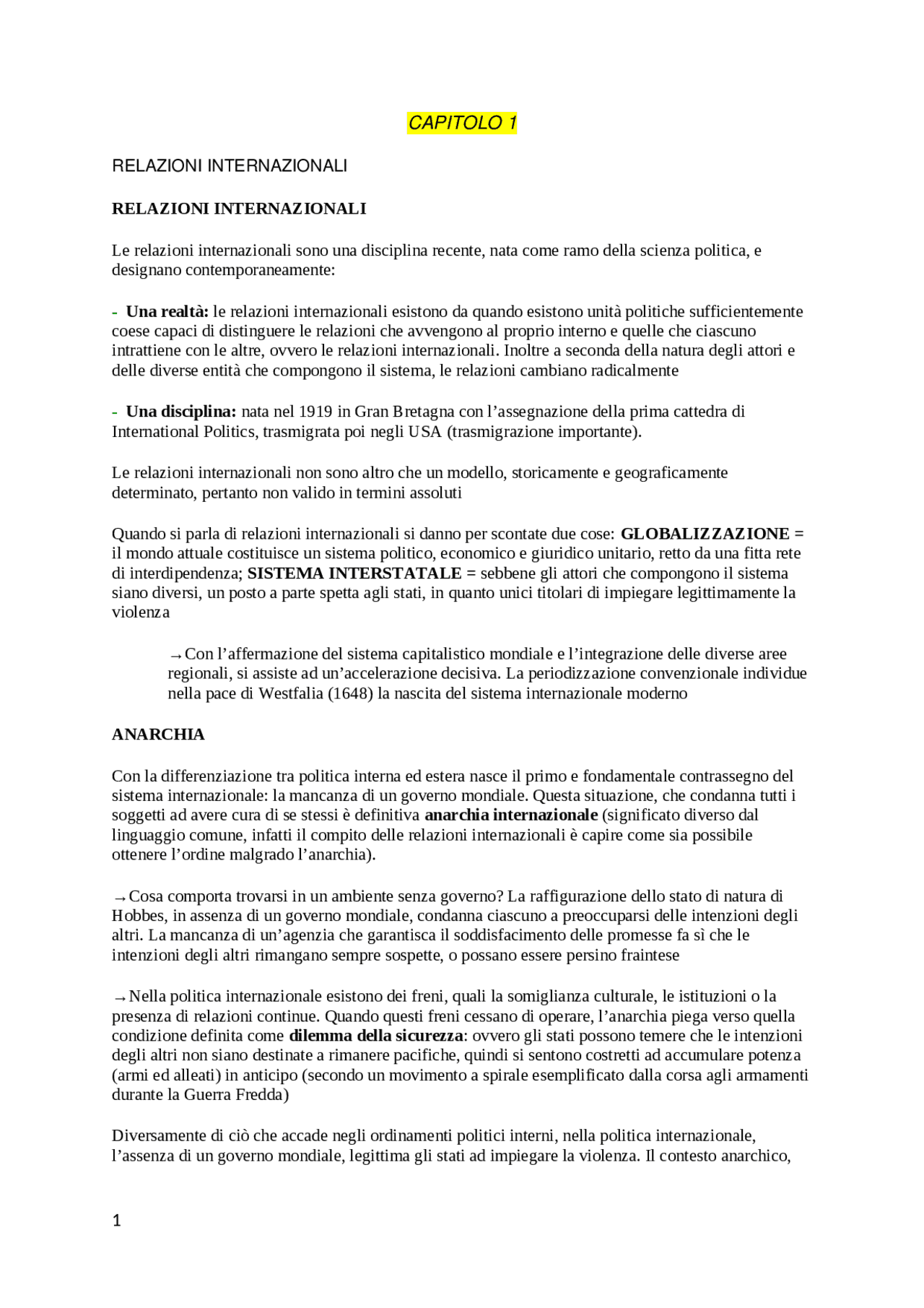 Riassunto Manuale Relazioni Internazionali Docsity