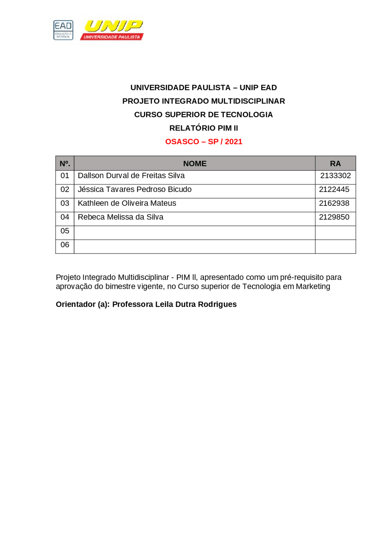 Projeto Integrado Multidisciplinar 2 Docsity