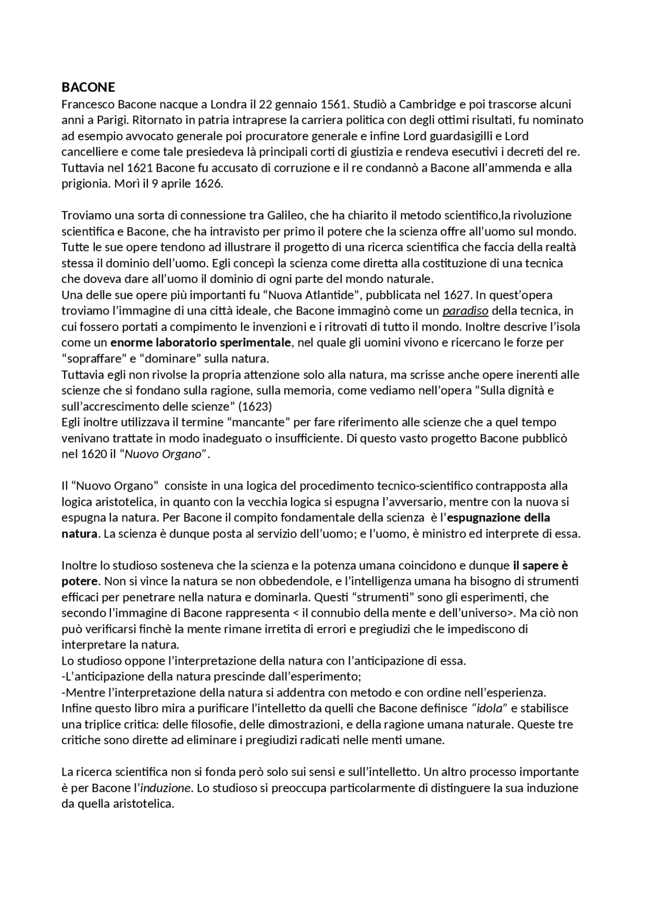 Riassunti Bacone Quarto Anno Docsity