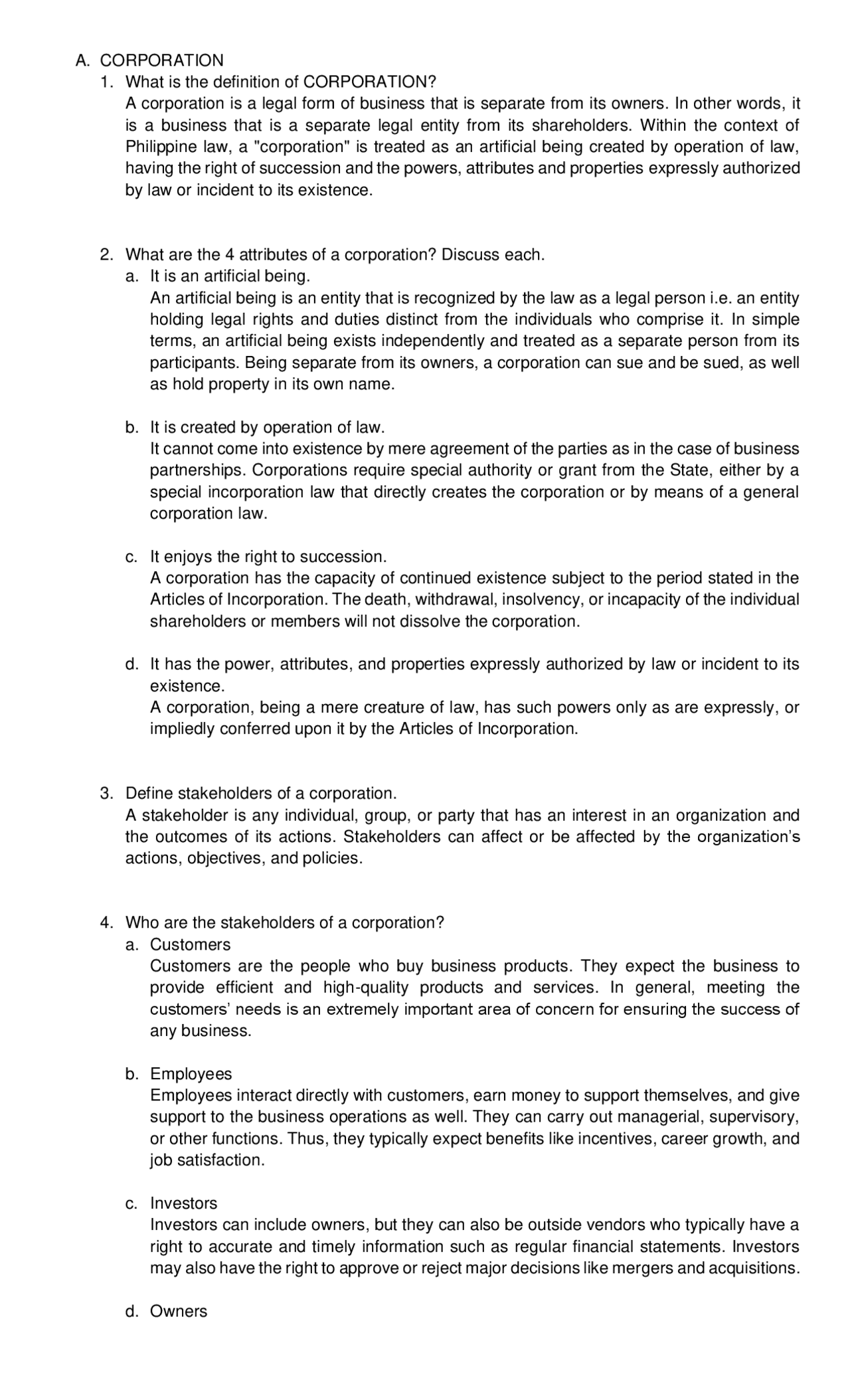 Corporation and Corporate Governance Notes | Study notes Corporate ...