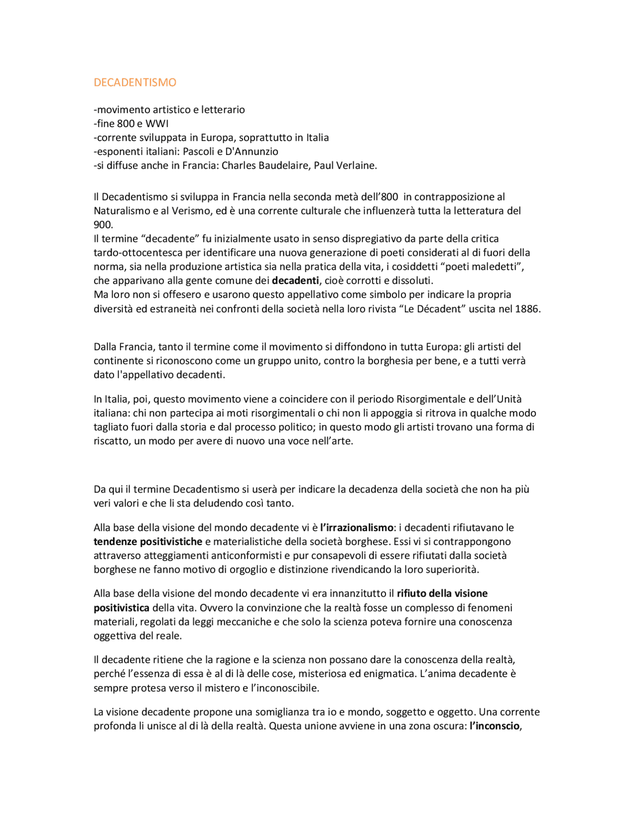 Riassunto Decadentismo Docsity