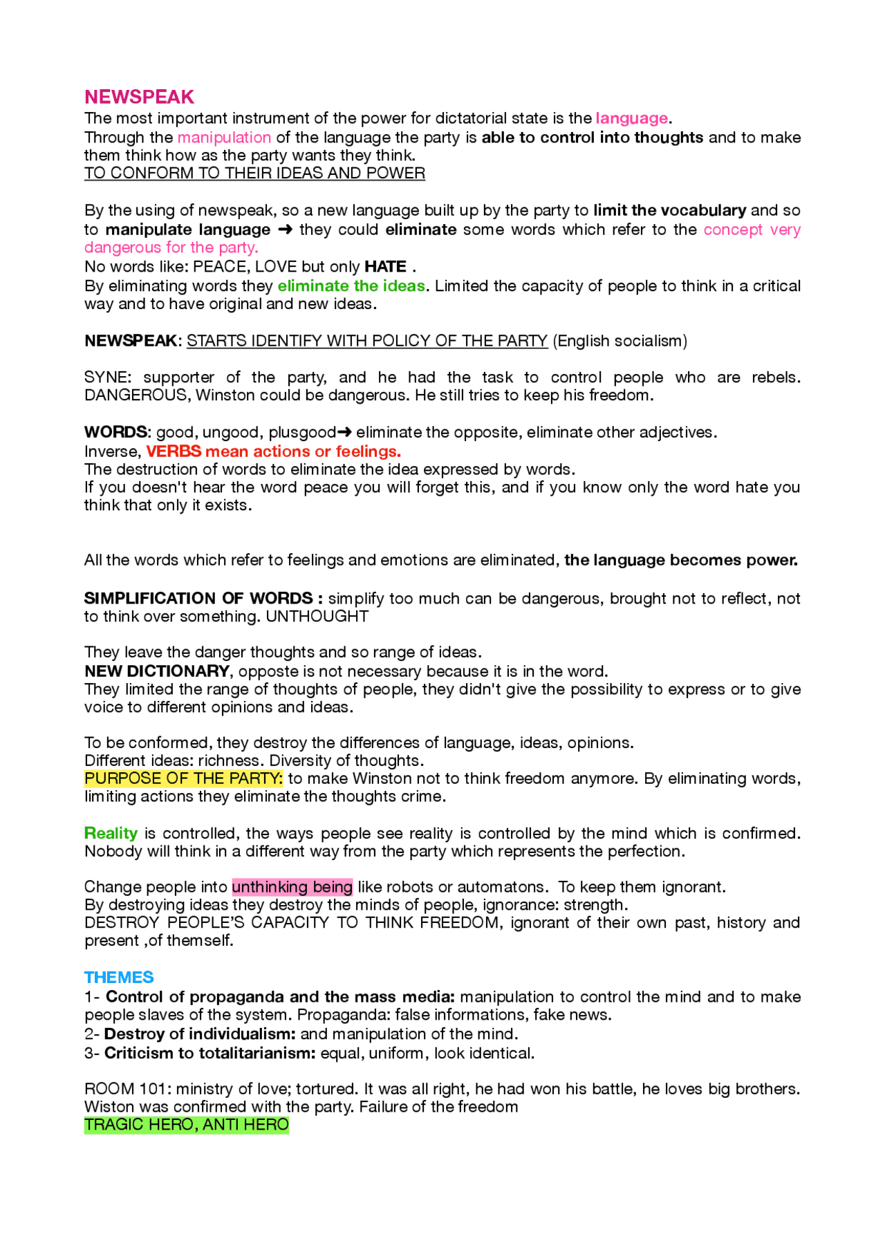 Newspeak, Orwell 1984 - Docsity