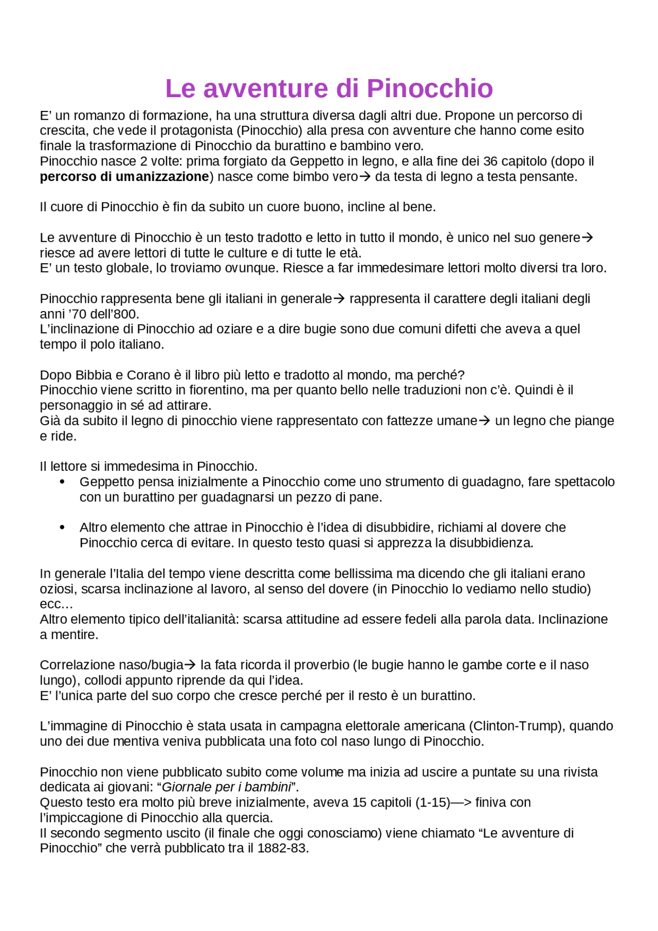 Le Avventure Di Pinocchio Collodi Docsity