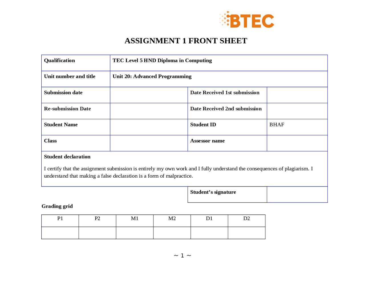 Assignment 1 Unit 20 Advanced Programming Docsity