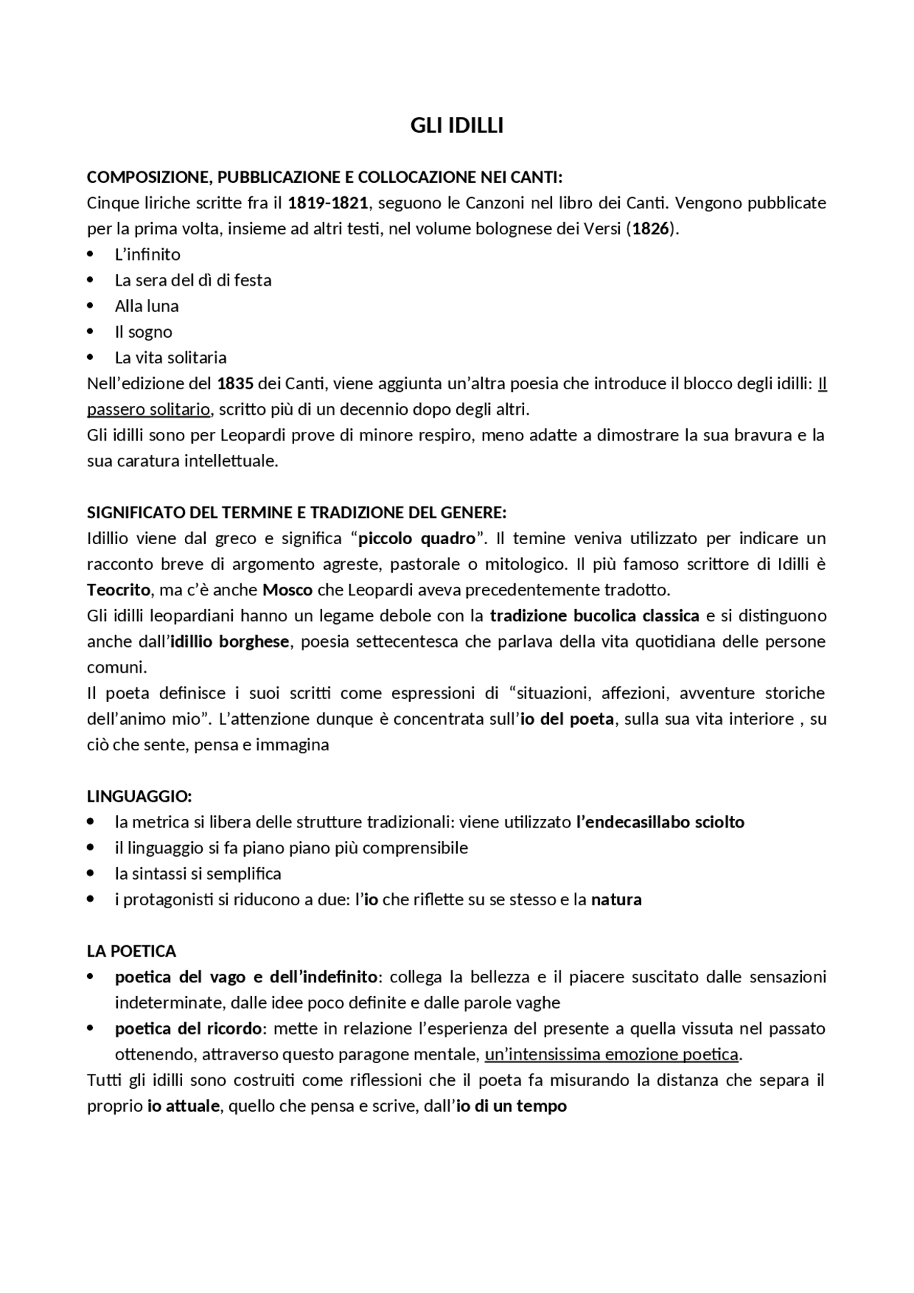Gli Idilli Di Giacomo Leopardi Docsity