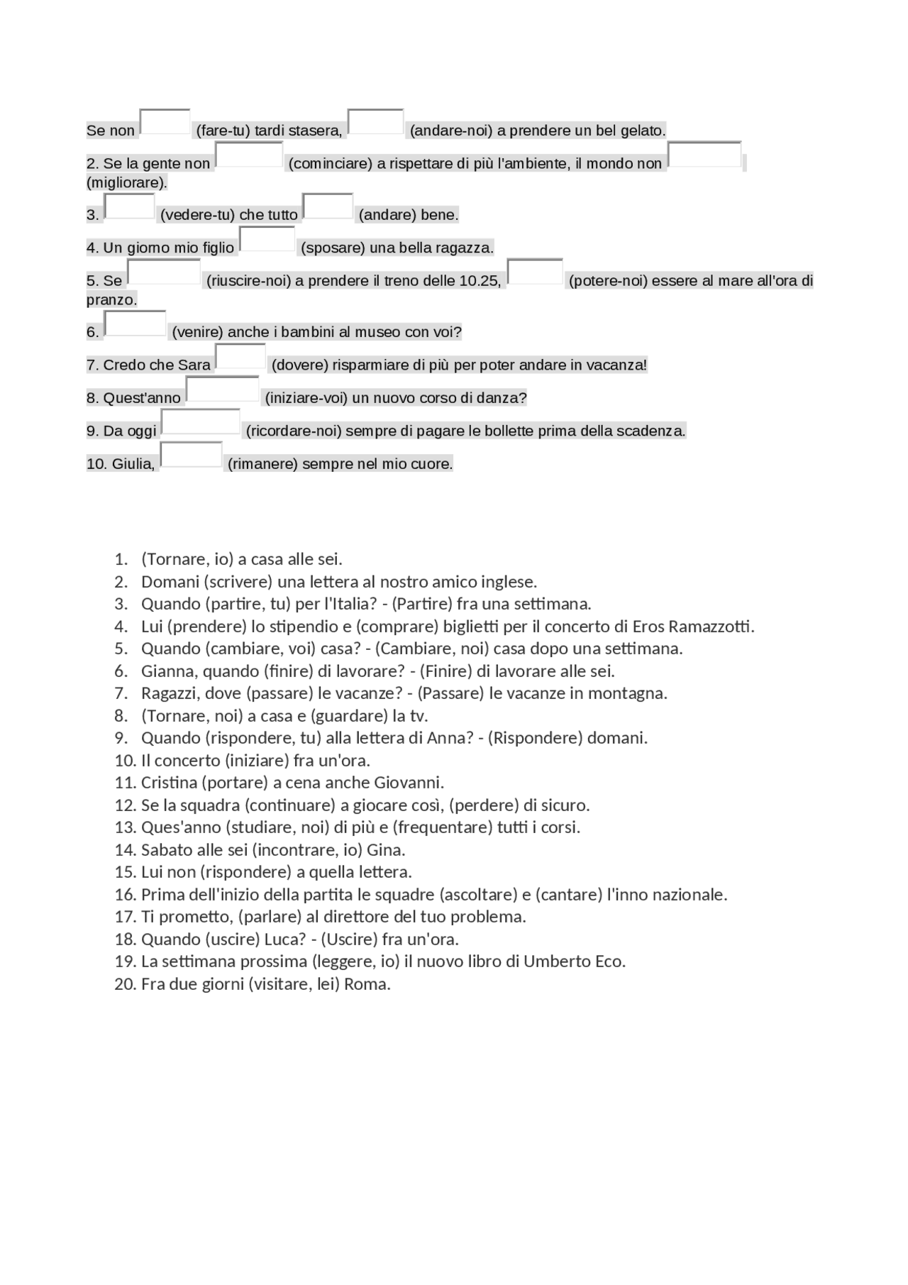 Italian A2-Esercizi di rinforzo FUTURO - Docsity