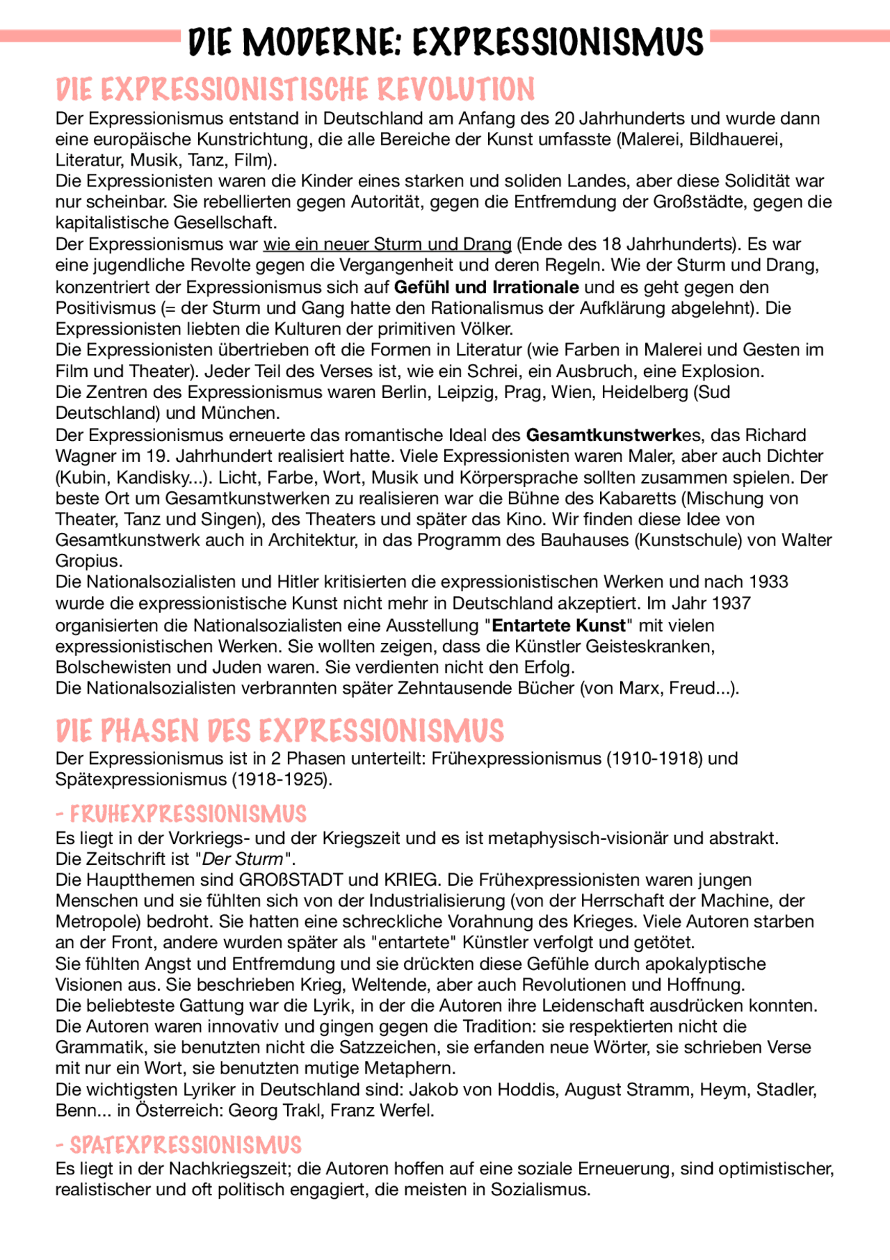 Der Expressionismus, riassunto pagine “Nicht nur Literatur” - Docsity