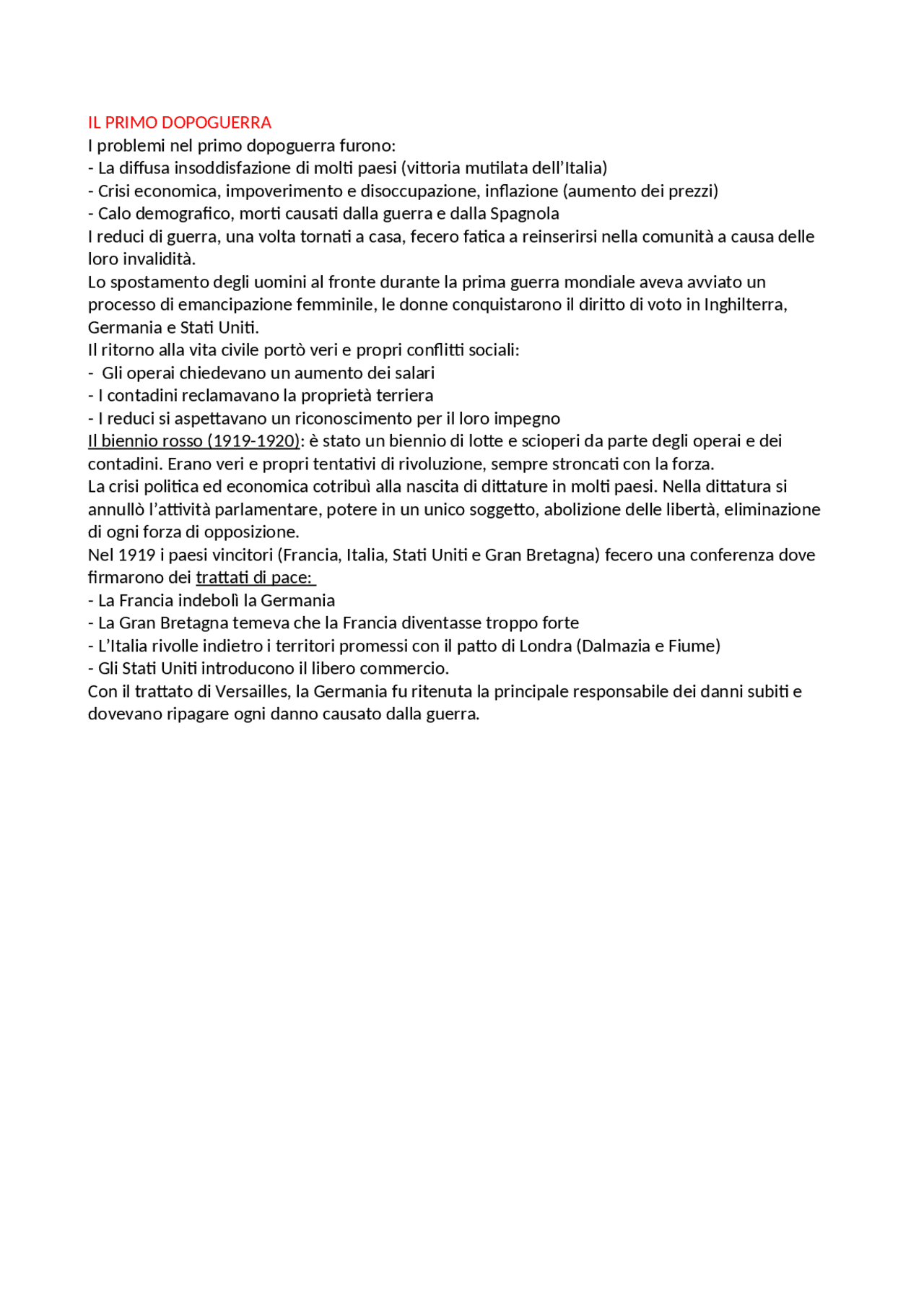 Appunti De Il Primo Dopoguerra Docsity