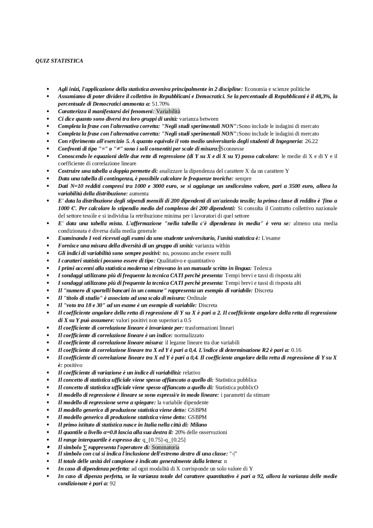 Quiz Statistica Mercatorum Prove Desame Di Statistica Docsity