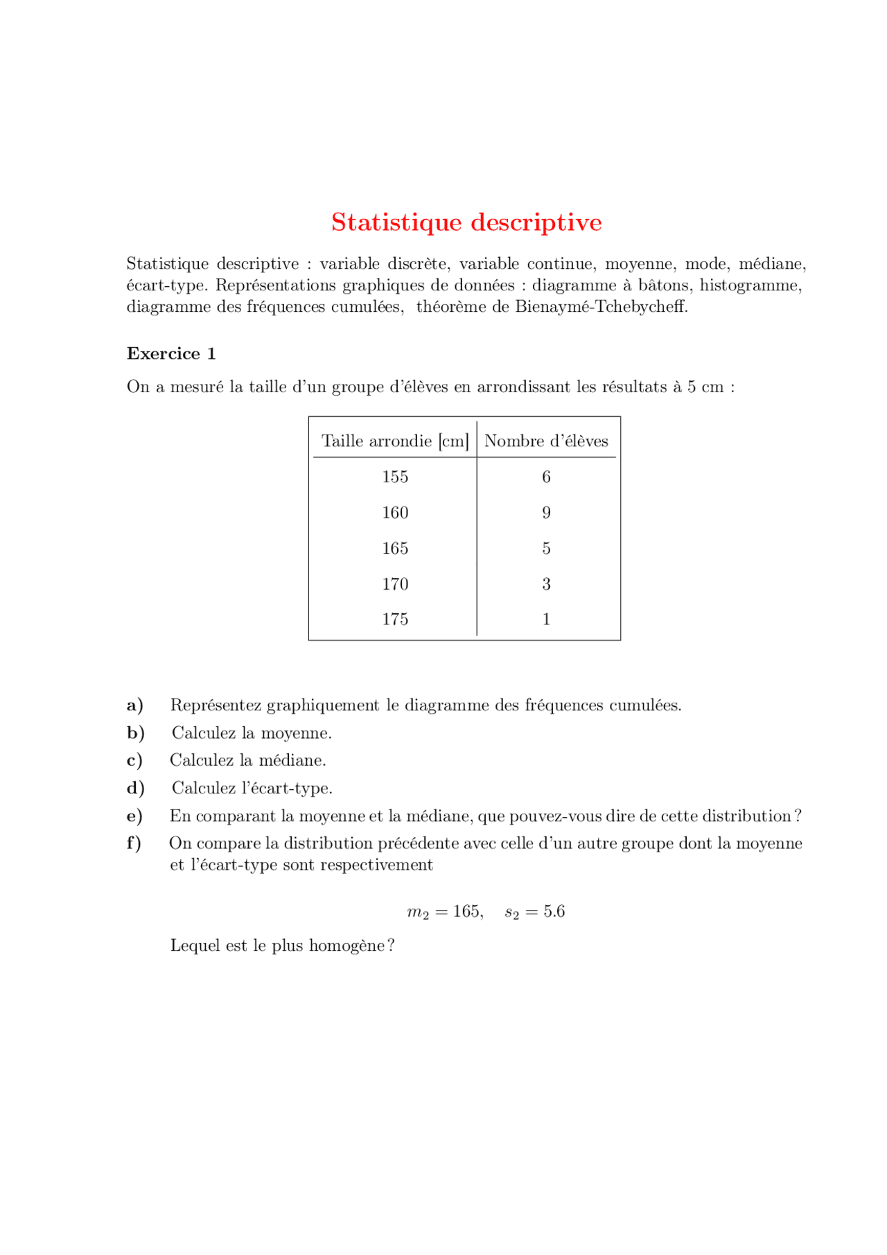 Exercices De Statistique Descriptive Docsity