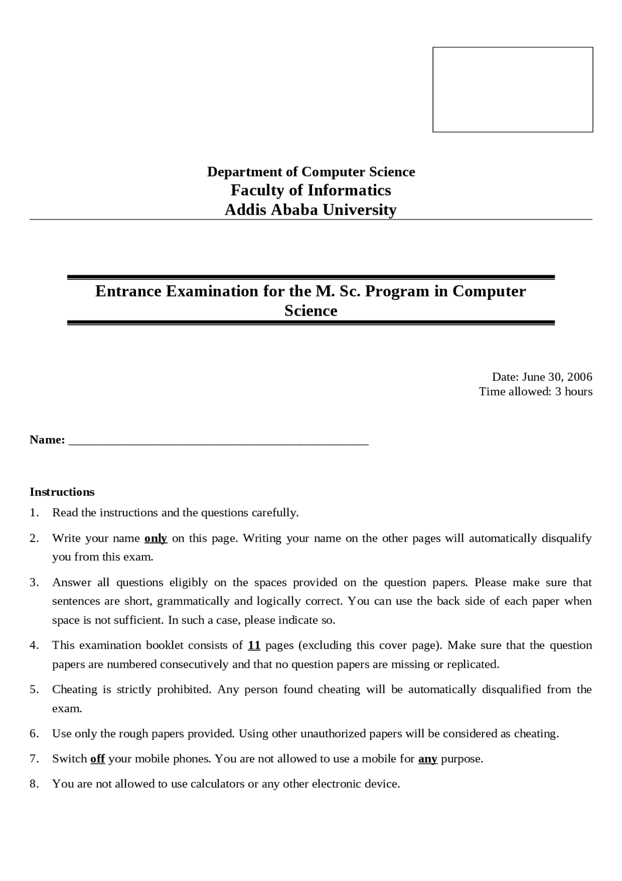 Entrance Exam Msc 2014 Exams Software Engineering Docsity