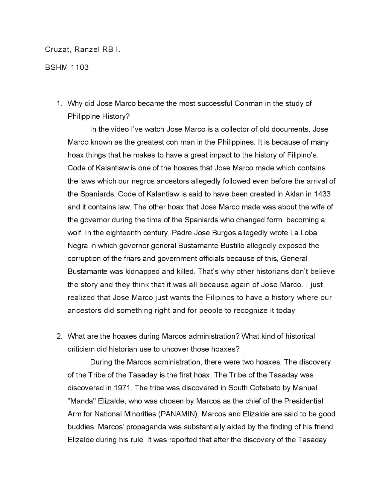 Reading in Philippine Hiistory | Exercises History | Docsity