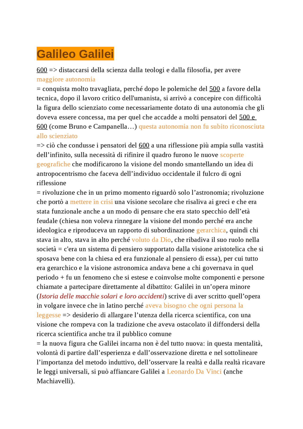 Vita Di Galileo Galilei Docsity