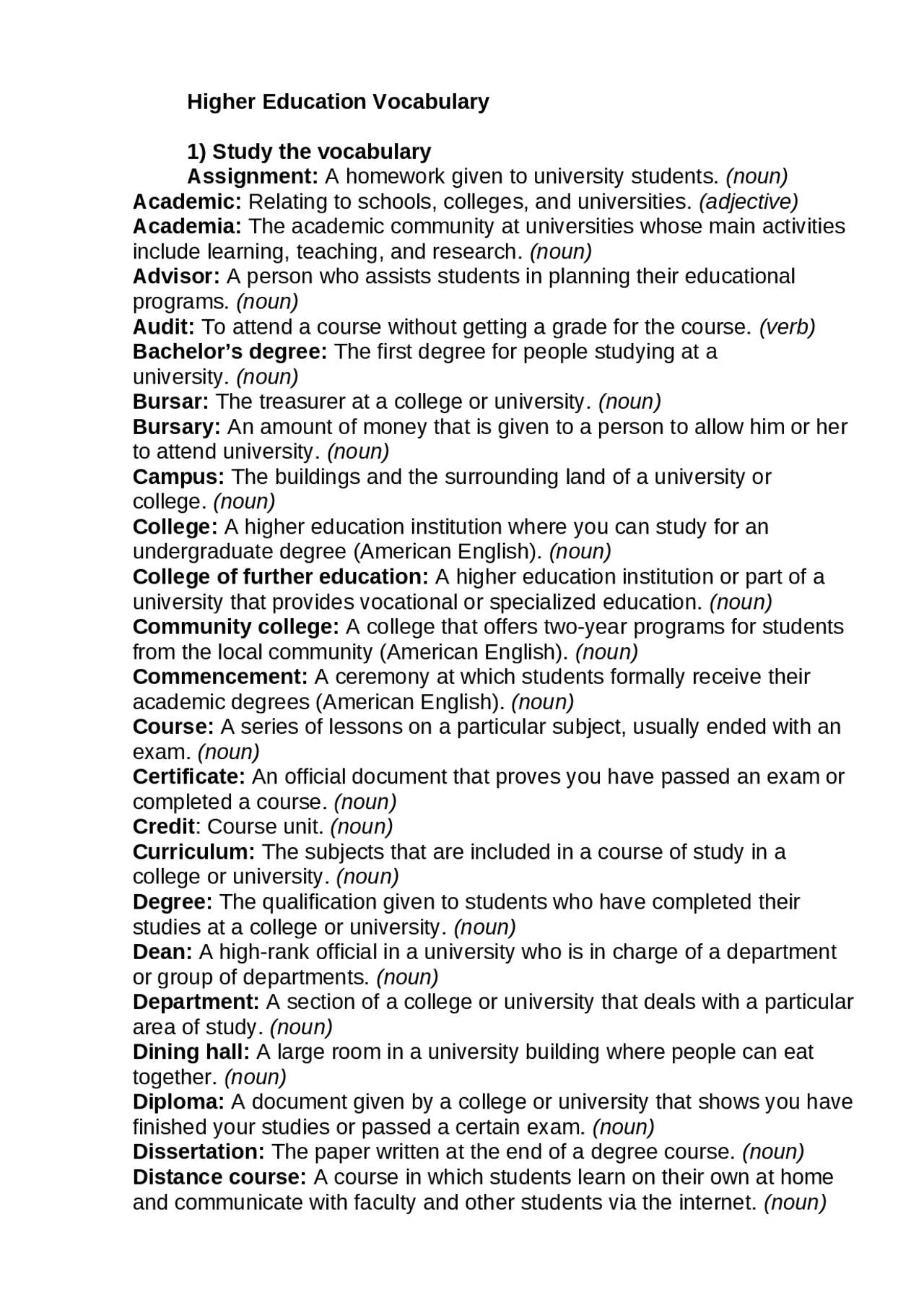 Higher Education Worksheet - Docsity