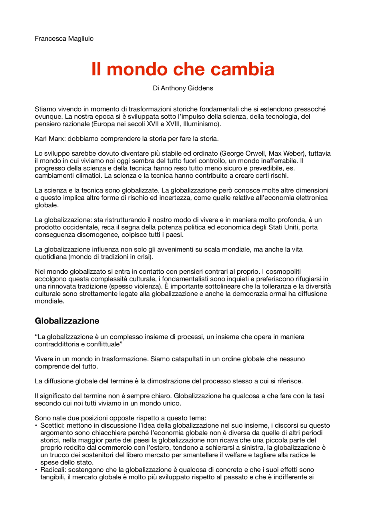 “Il mondo che cambia” Anthony Giddens riassunto - Docsity