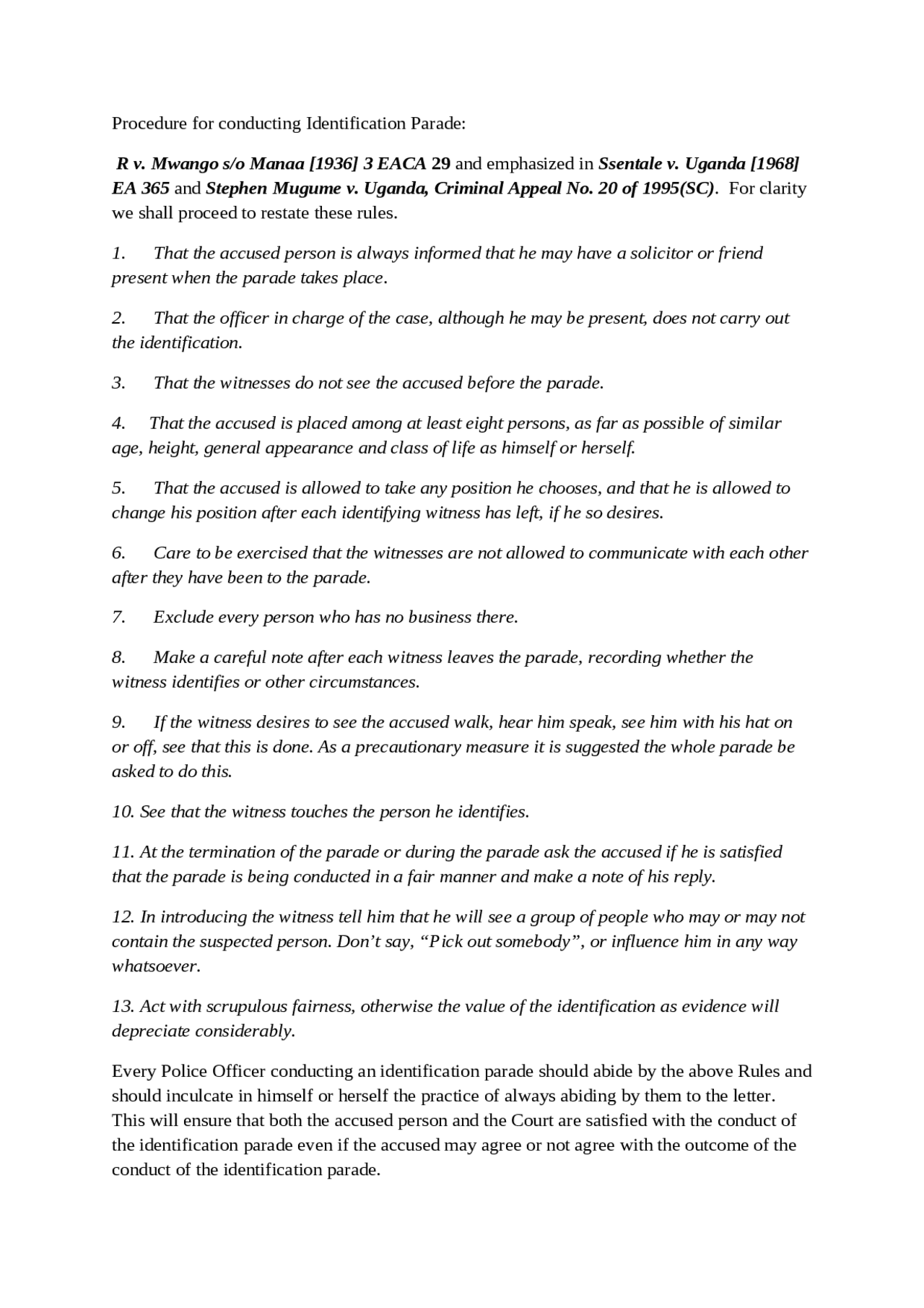 Procedure for Counduction Identification Parade in Uganda | Study notes ...