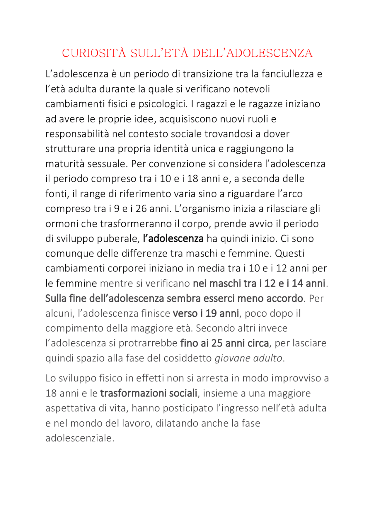 Adolescenza Psicologia Generale Docsity