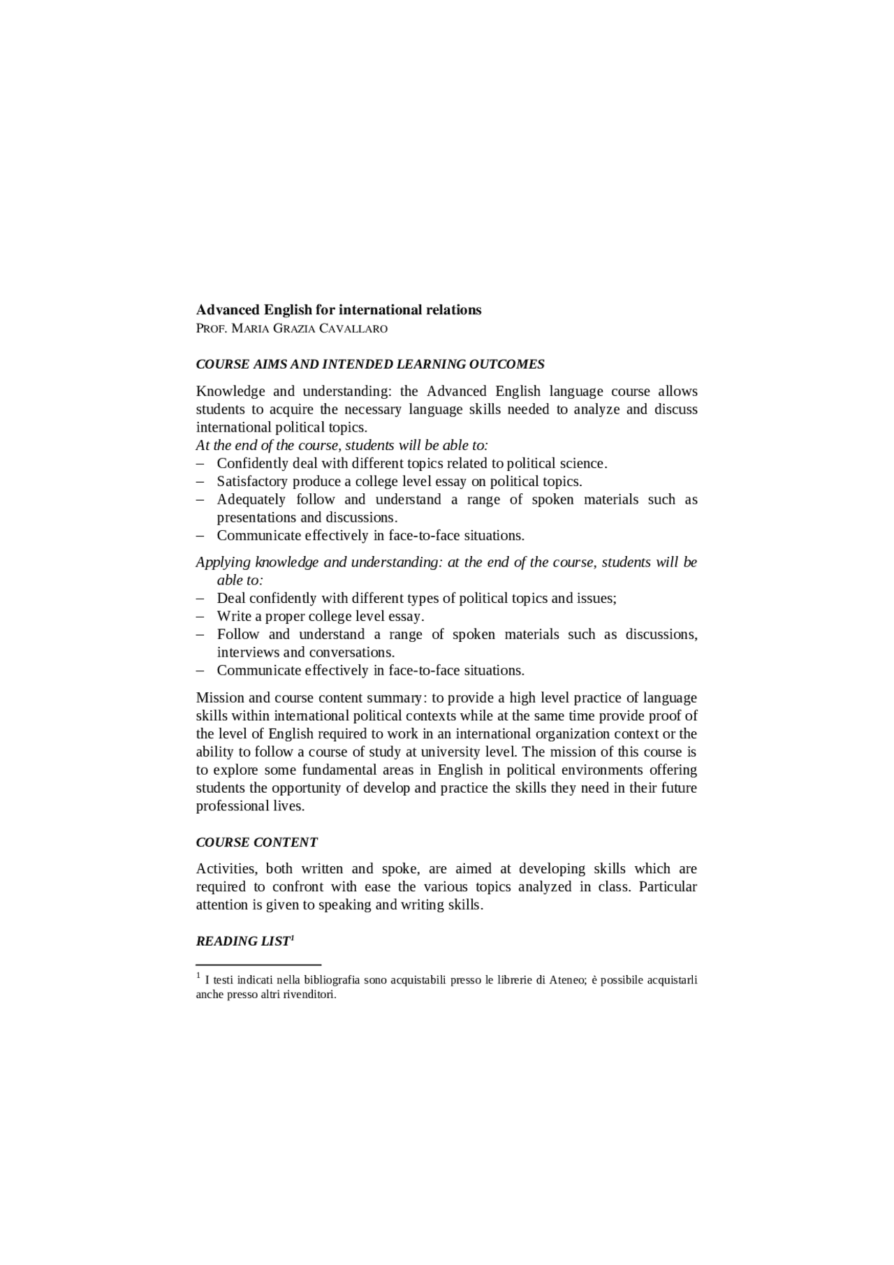 Advanced English For International Relations Docsity