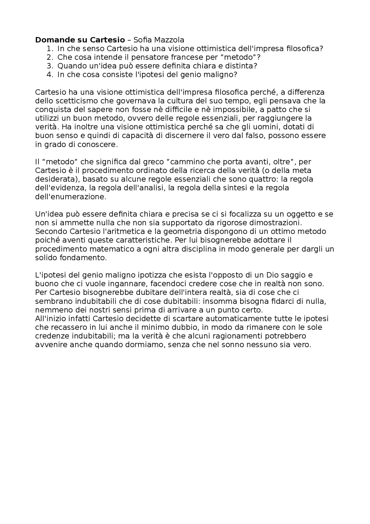 Cartesio Riassunti Filosofia Docsity