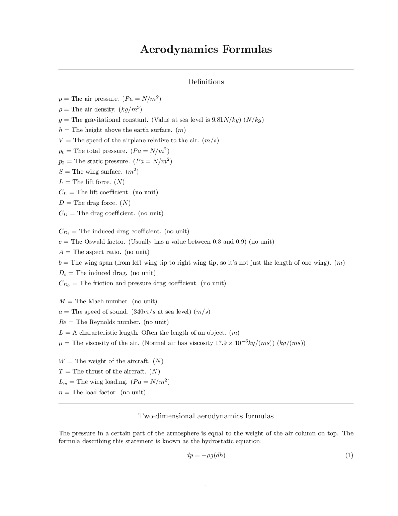 Aerodynamic Formulas | Lecture notes Engineering | Docsity
