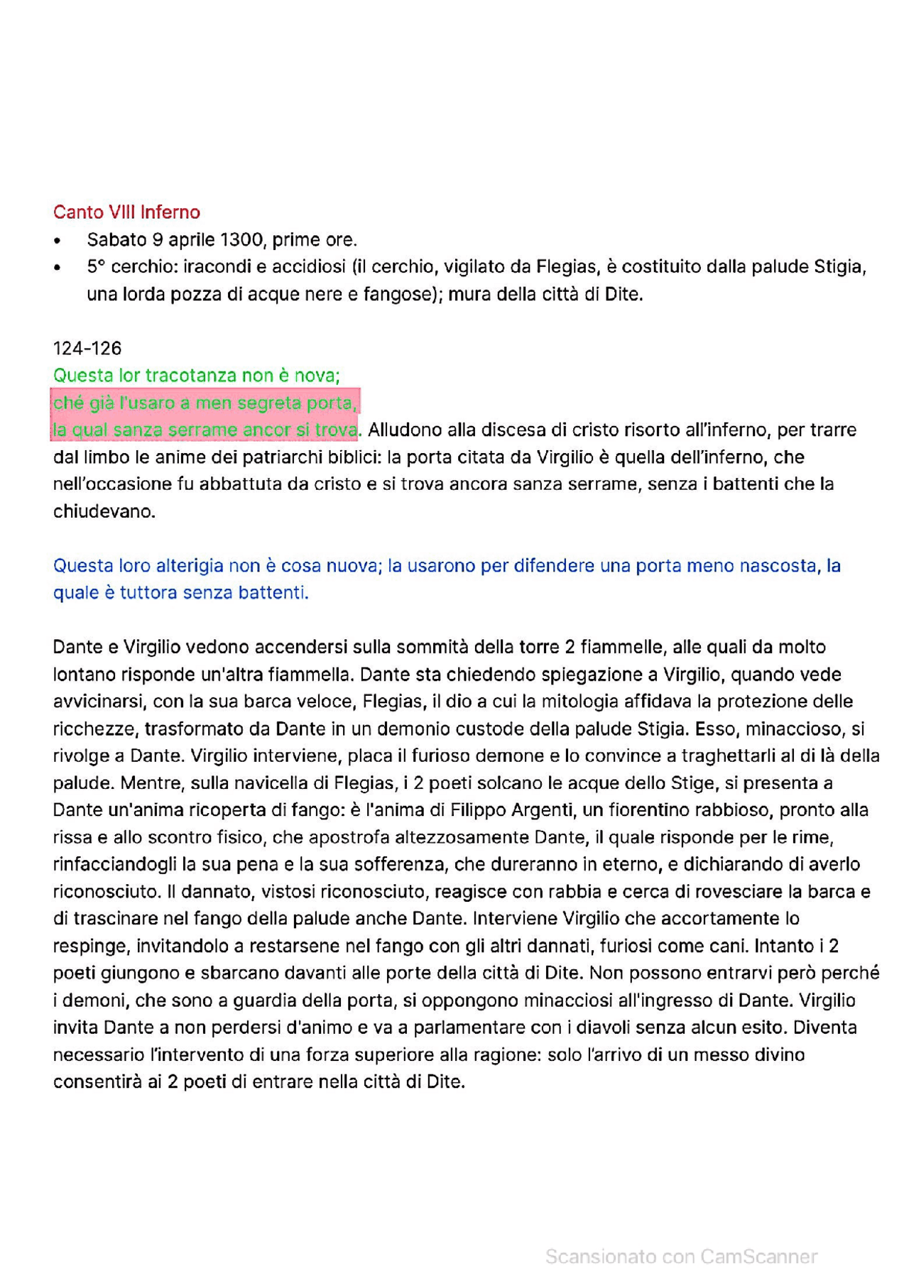 Analisi sintetica del canto 8 dell’inferno - Docsity
