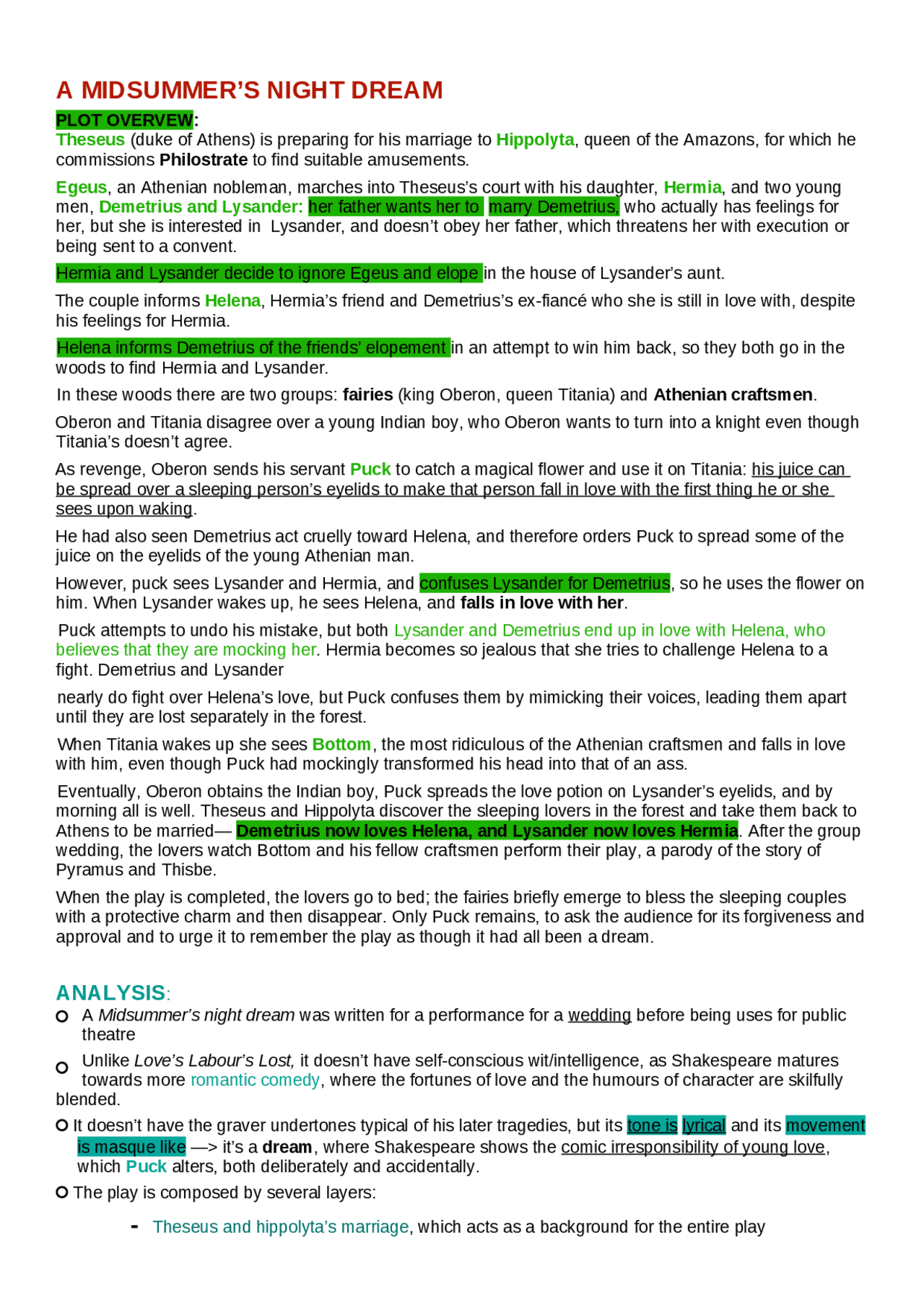 Shakespeare: Midsummer Night's Dream - Docsity