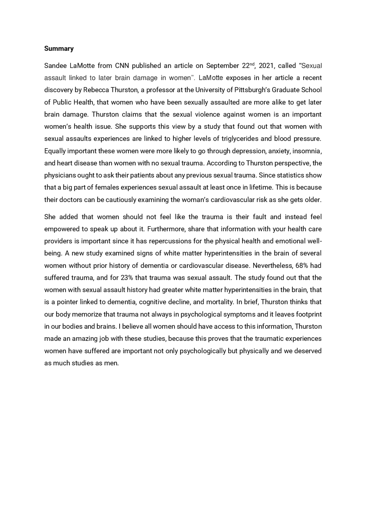 Summary example - Sexual Assault - Docsity