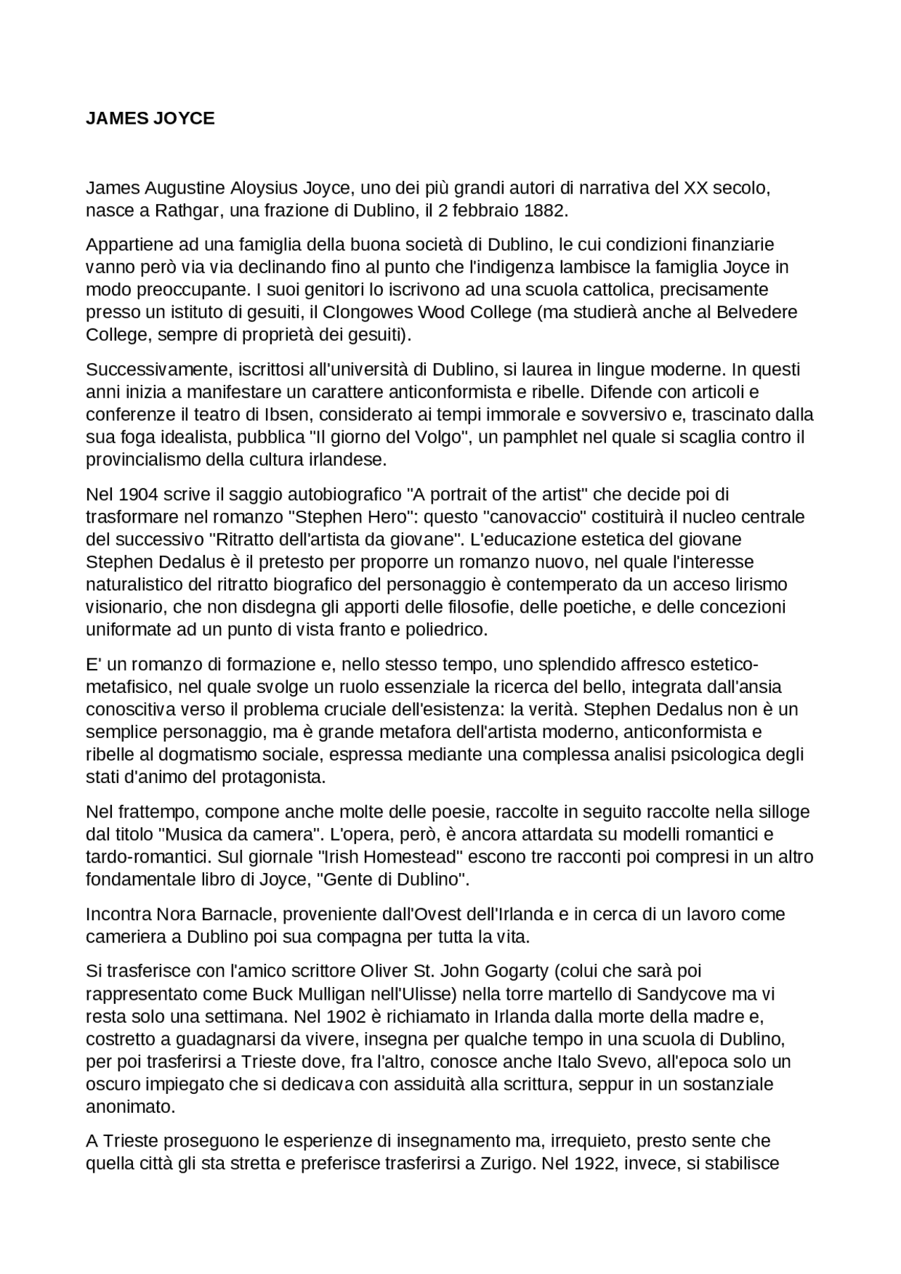 James Joyce Vita E Opere Docsity
