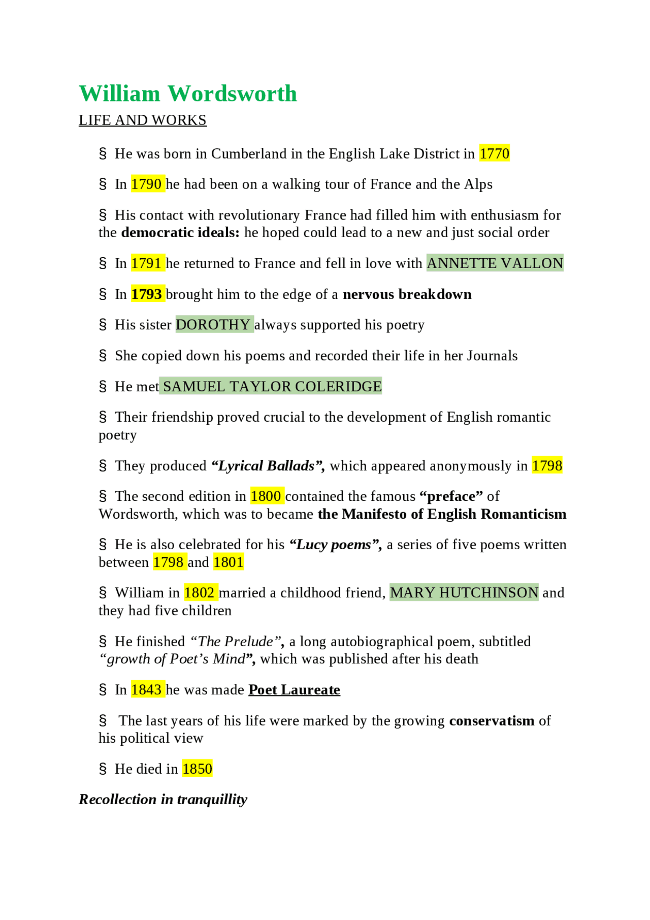 William Wordsworth - life and works - Docsity