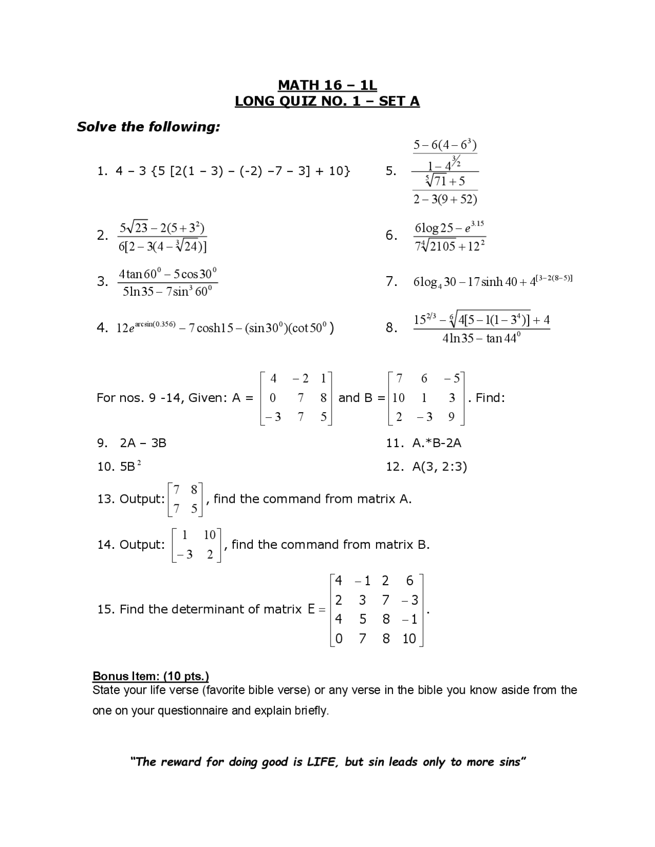 Math16 Long Quiz 1 problems and answers - Docsity
