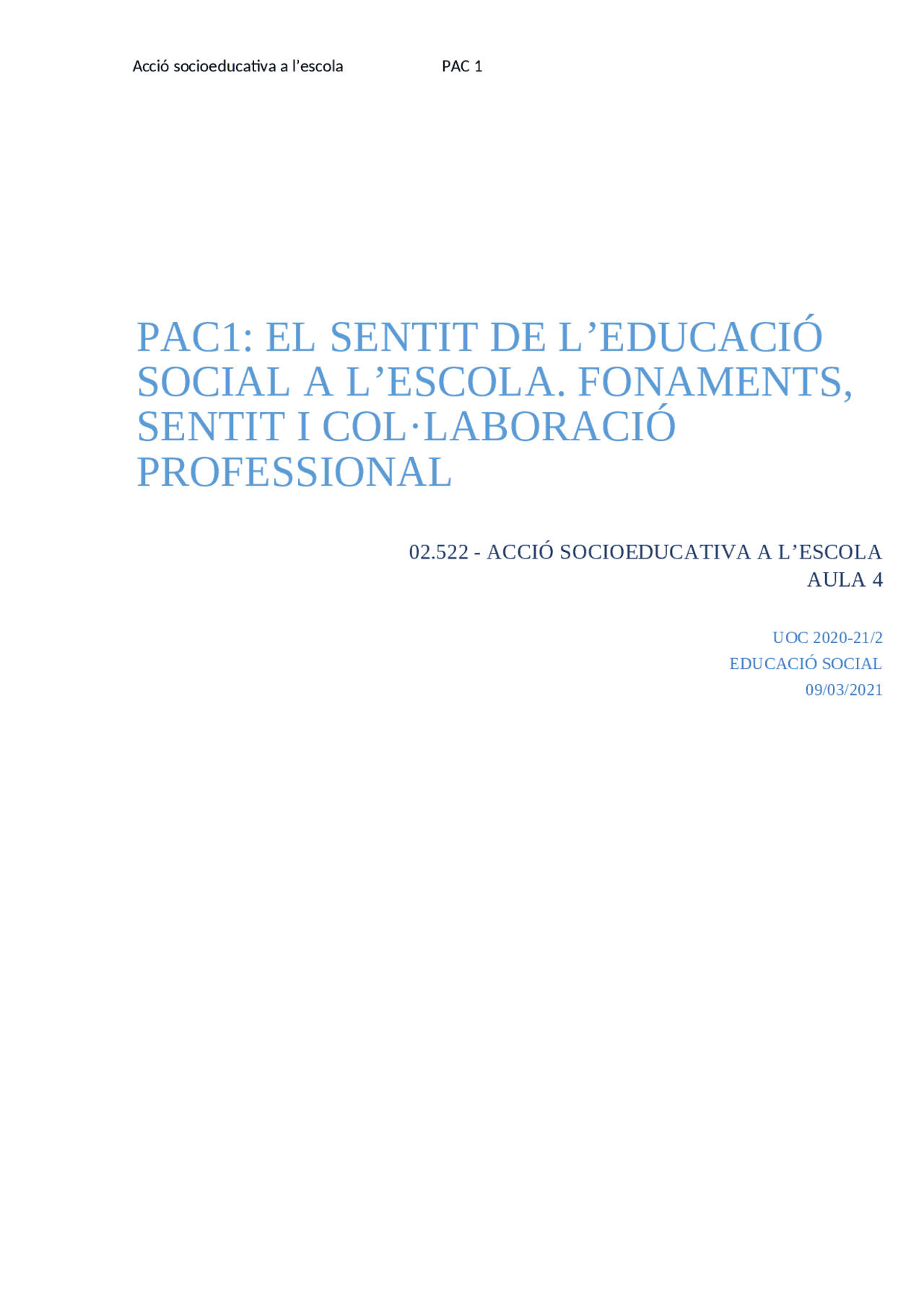 Pac 1 Acció Socioeducativa A Lescola Ejercicios De Ciencias De La