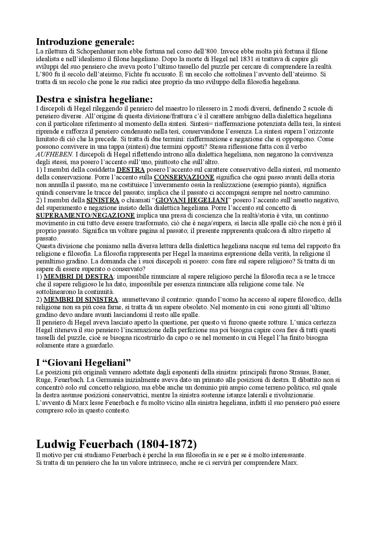 Riassunto Feuerbach Pensiero Docsity