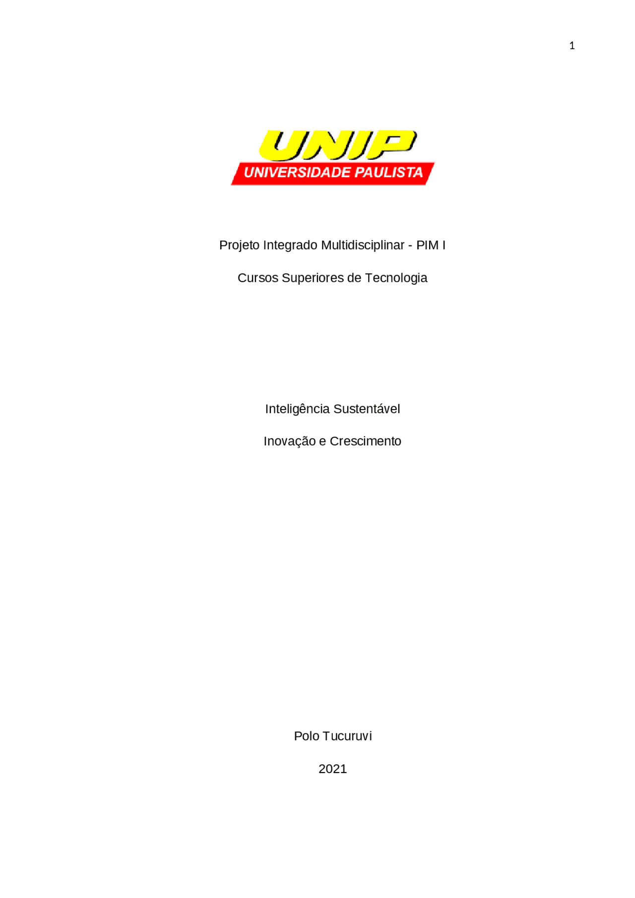 Projeto Integrado Multidisciplinar Pim I Inteligência Sustentável
