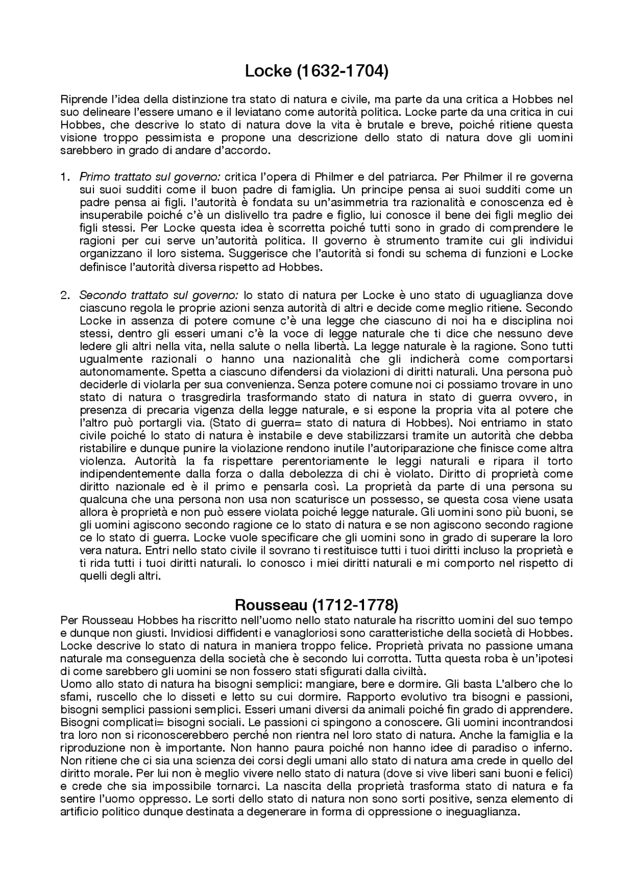 Locke Rousseau E Kant Lo Stato Di Natura Docsity