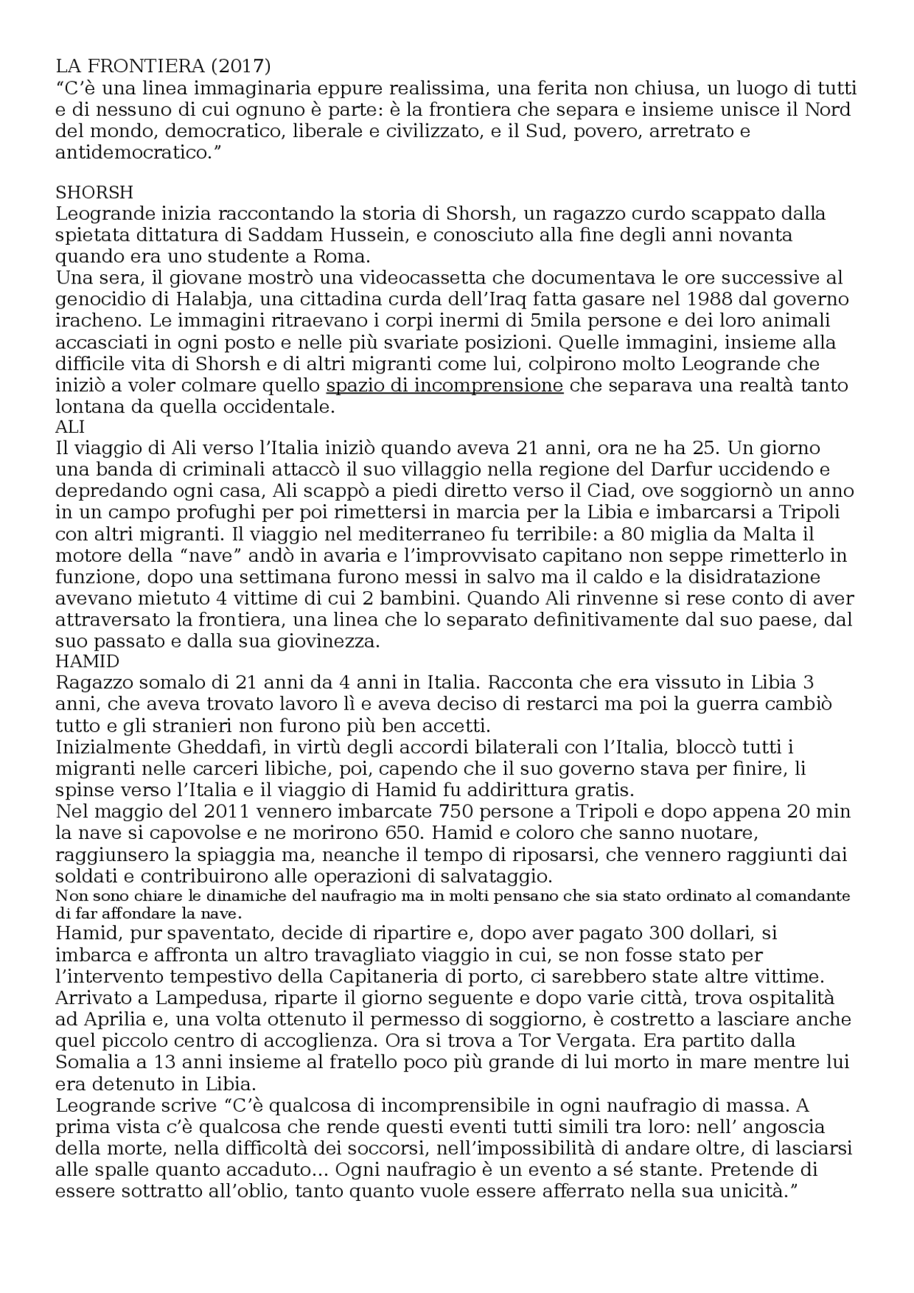 Frontiera Riassunto Dei Frammenti Alessandro Leogrande Docsity
