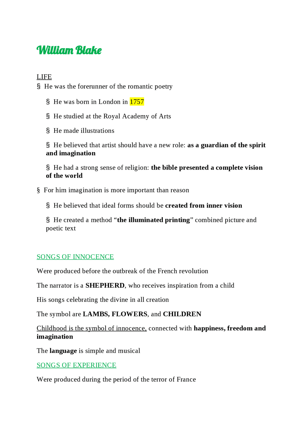 William Blake - life and worksz - Docsity