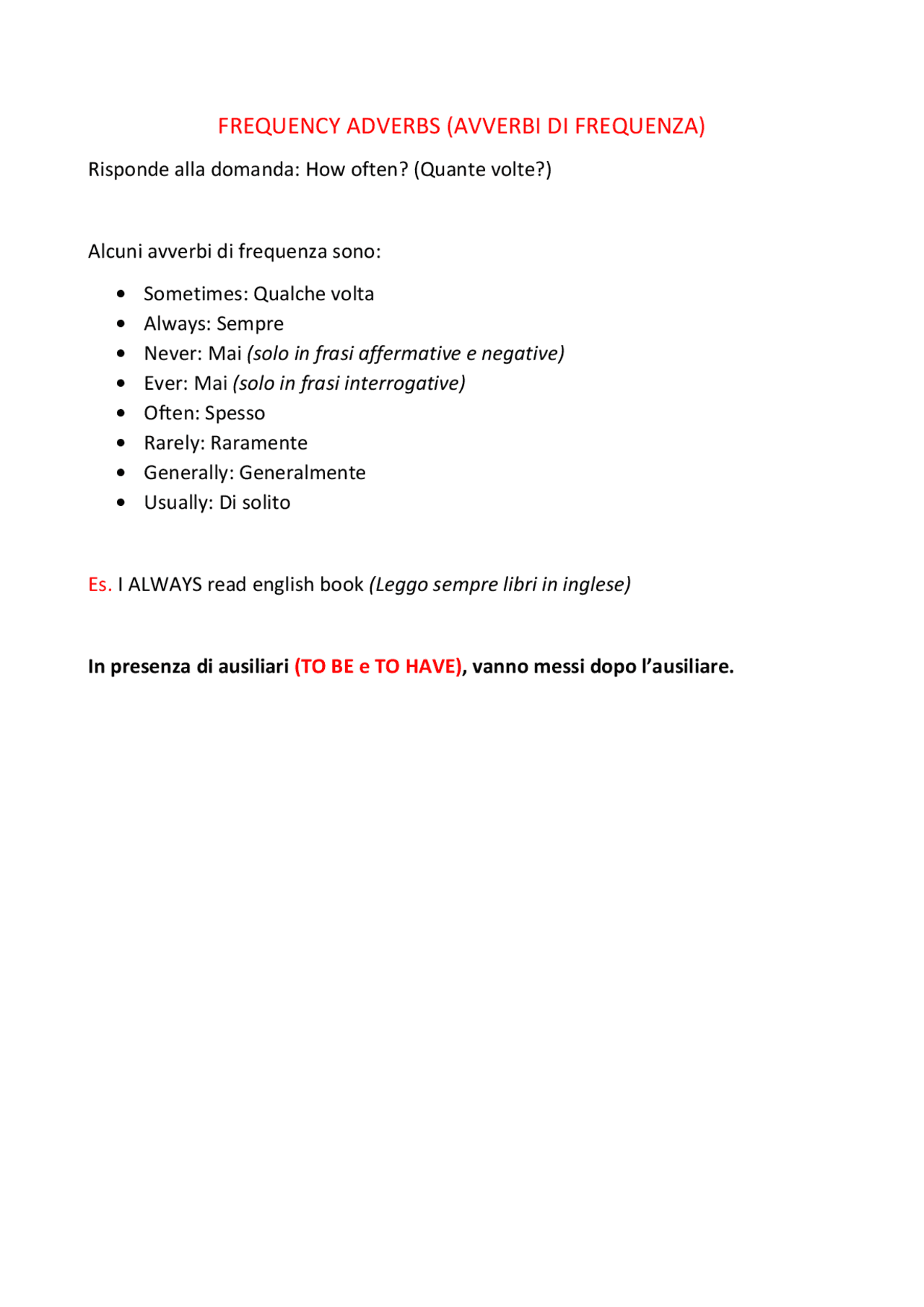 Frequency adverbs - Avverbi di frequenza - Docsity