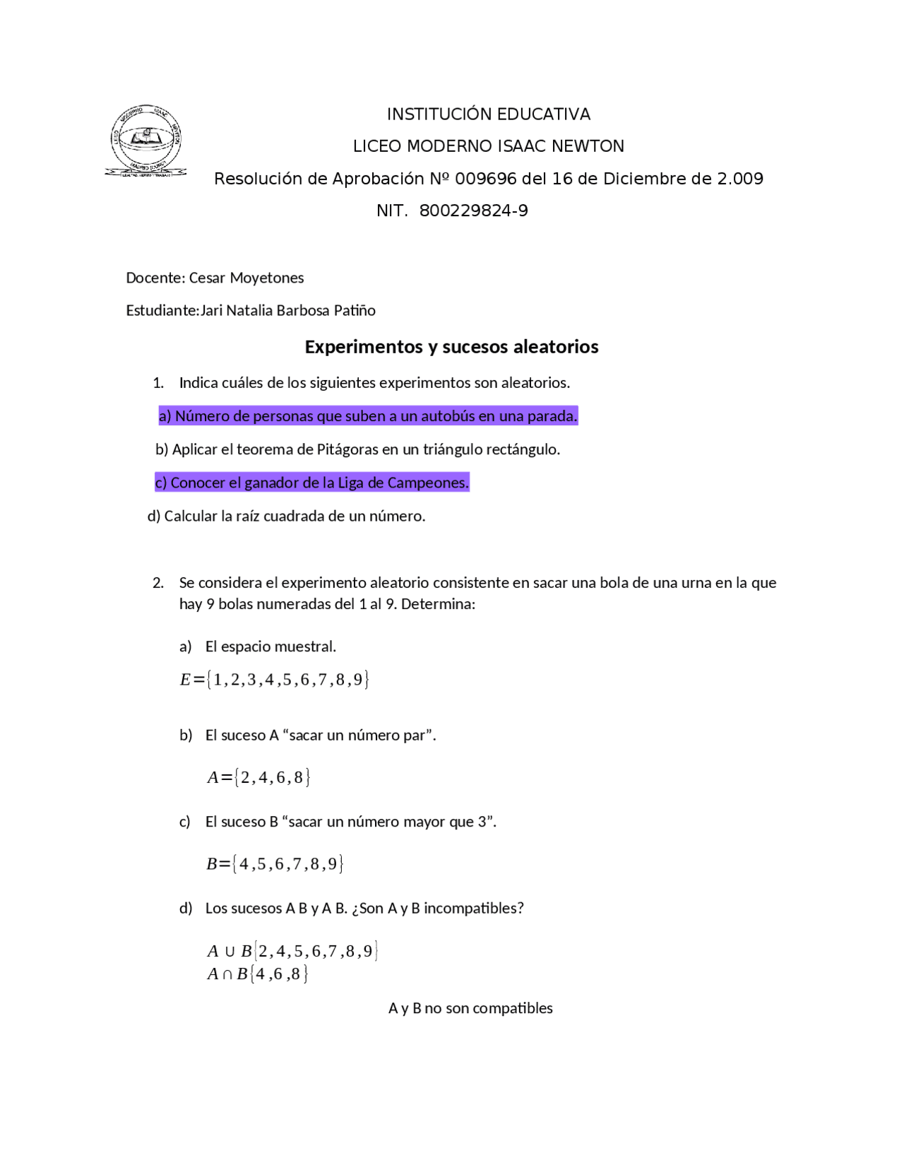 Experimentos aleatorios - Docsity
