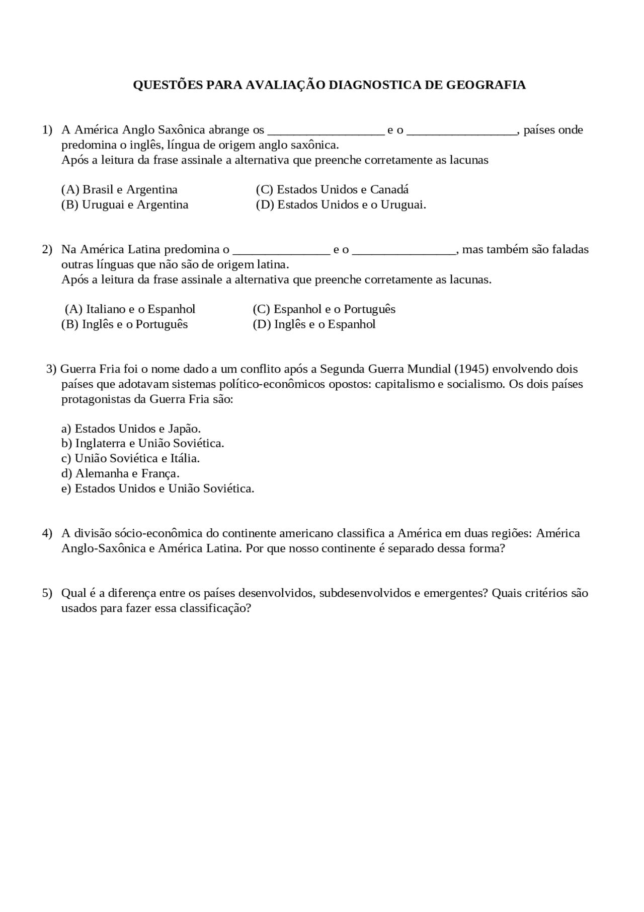 Avaliação Diagnóstica De Geografia Docsity