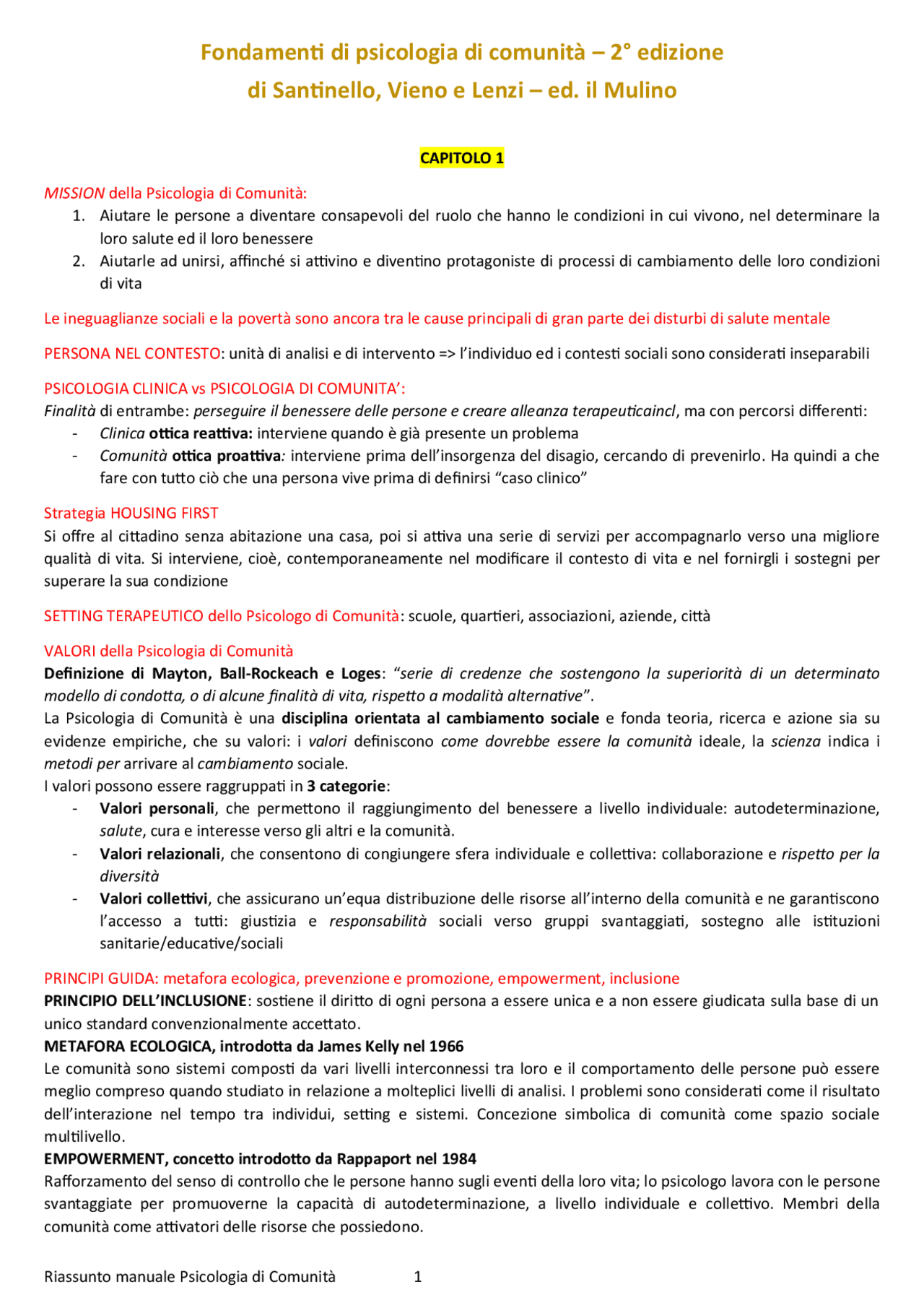 Riassunto Manuale Psicologia Di Comunità Docsity