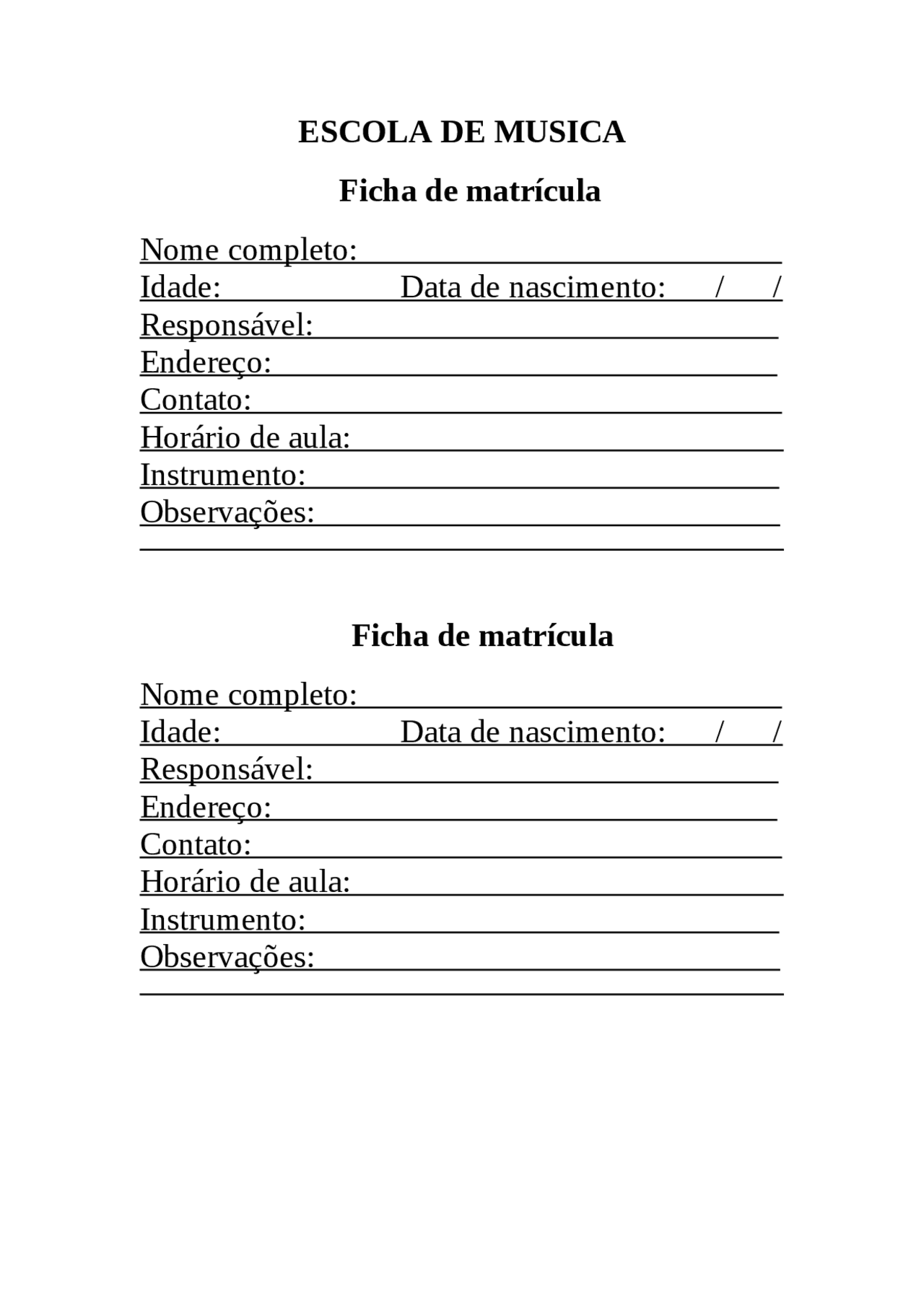 Ficha para matrícula de cursos músicais | Manuais, Projetos, Pesquisas ...