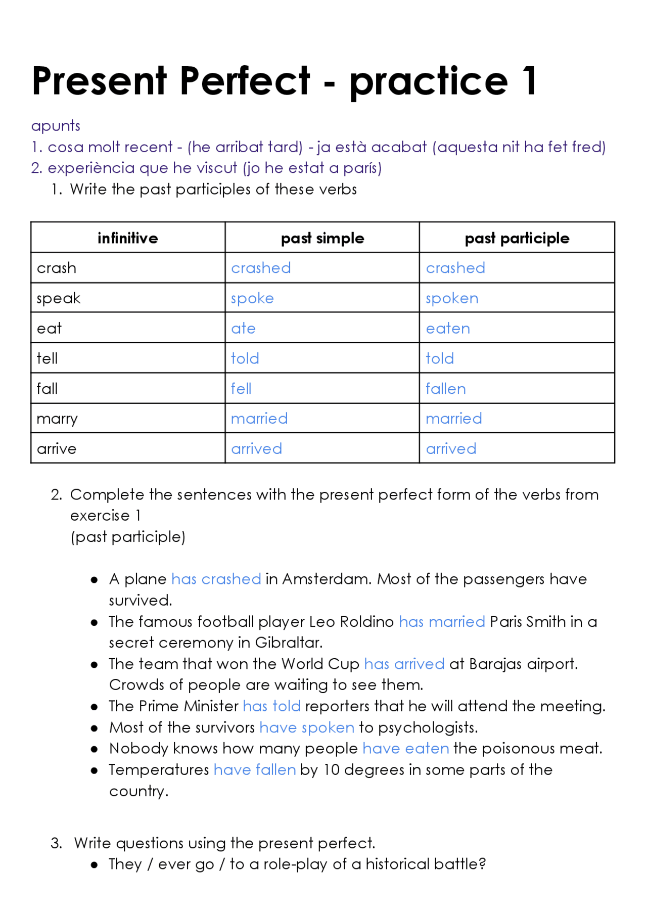 Exercices Present Perfect - Docsity